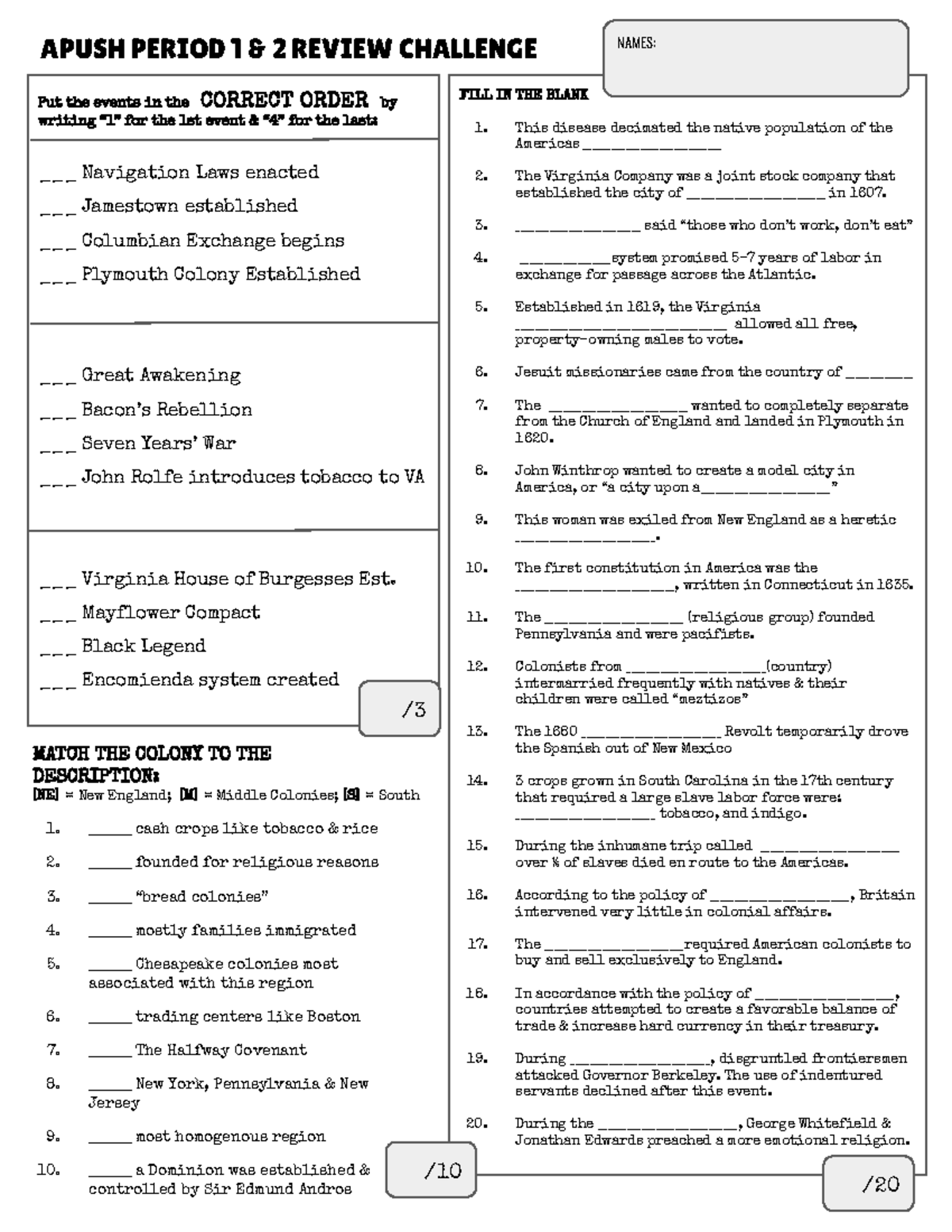 APUSH Period 1 & 2 Review Challenge: Fill in the Blanks - Studocu
