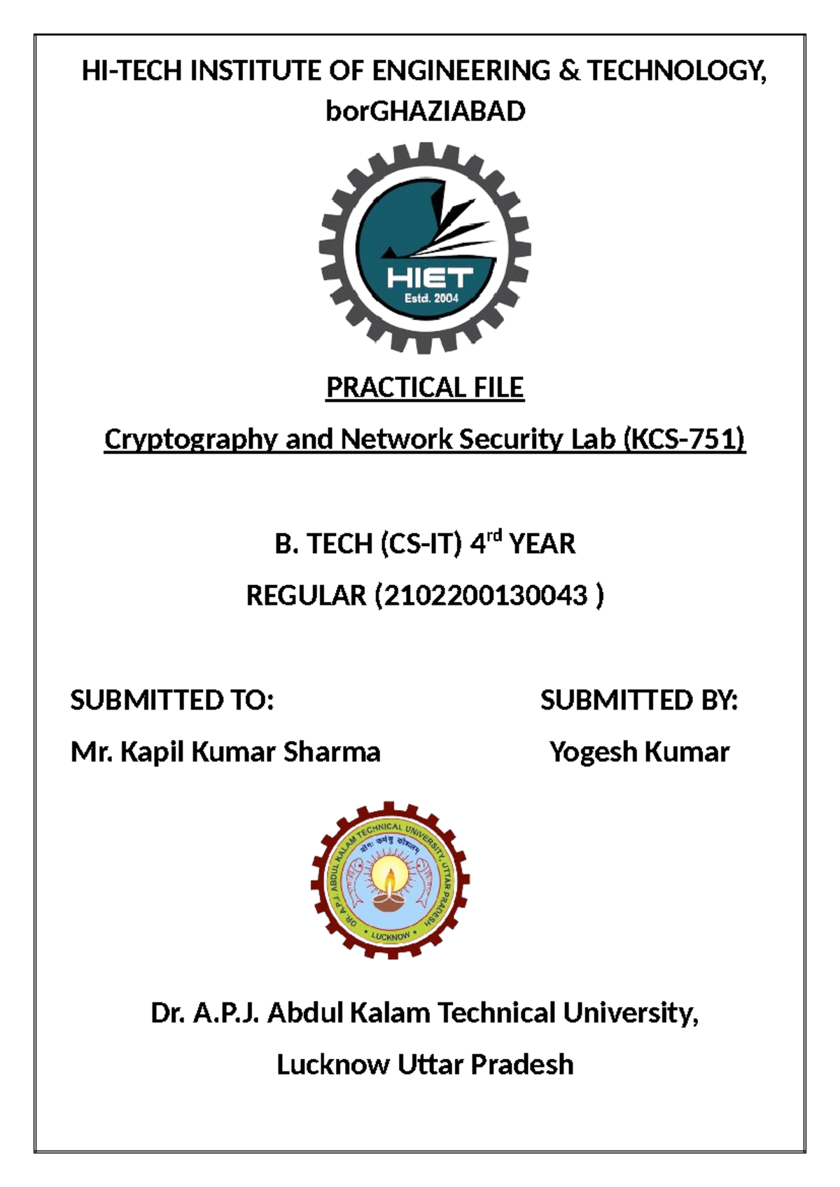 Practical File CNS Lab - Its lab file - HI-TECH INSTITUTE OF ...