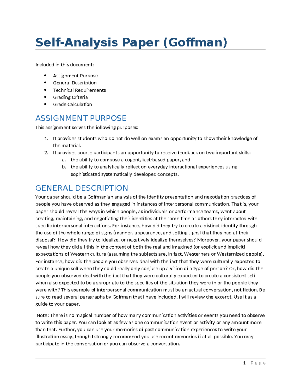 Self-Analysis Paper Guidelines for IPC (Goffman) - Studocu