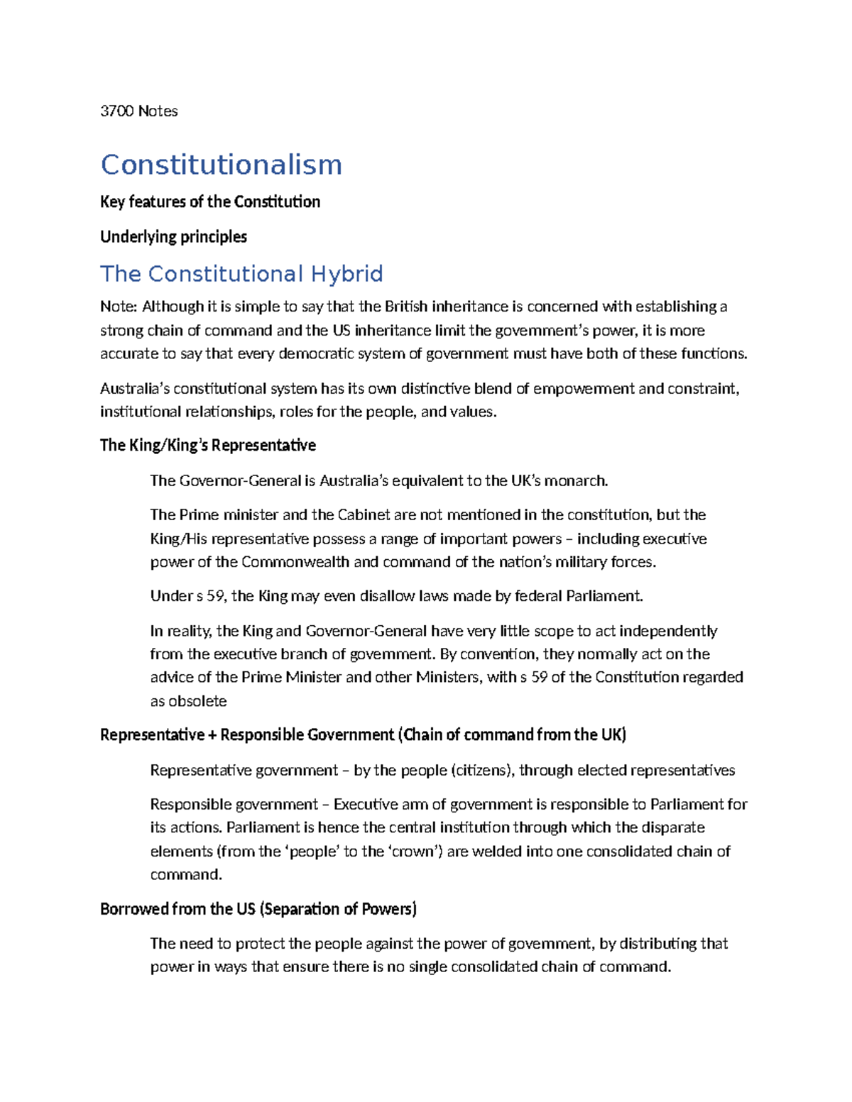 3700 Notes on Constitutionalism: Key Features & Principles - Studocu