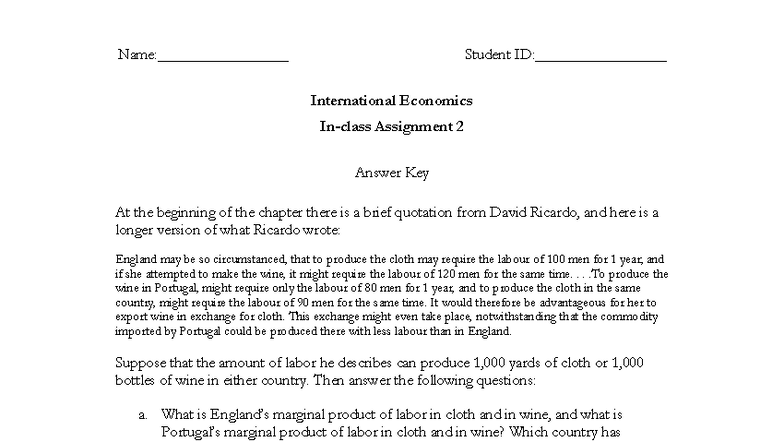 Intl Trade A2 Assignment 2 Answer Key: Comparative Advantage Analysis ...