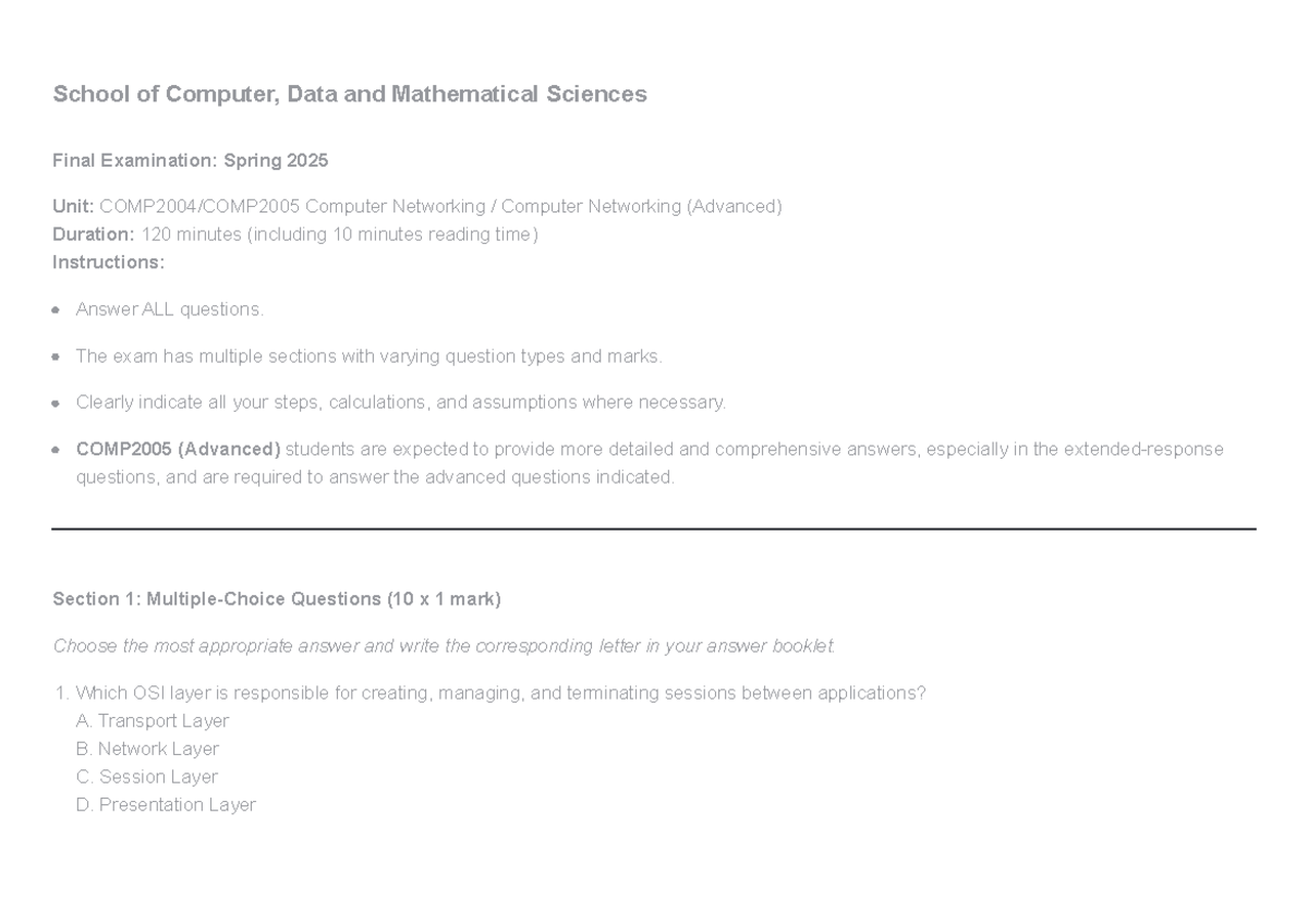 COMP2005 Final Exam: Computer Networking Spring 2025 Guide - Studocu