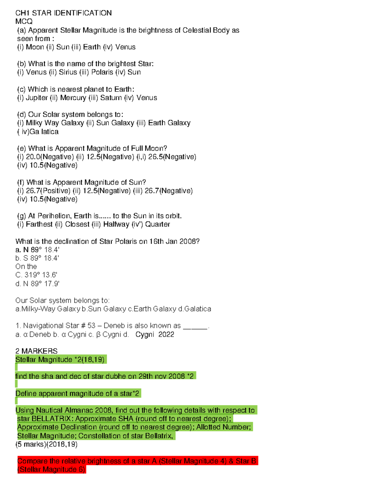 CH1 STAR IDENTIFICATION - Cel Nav MCQ Practice Questions - Studocu