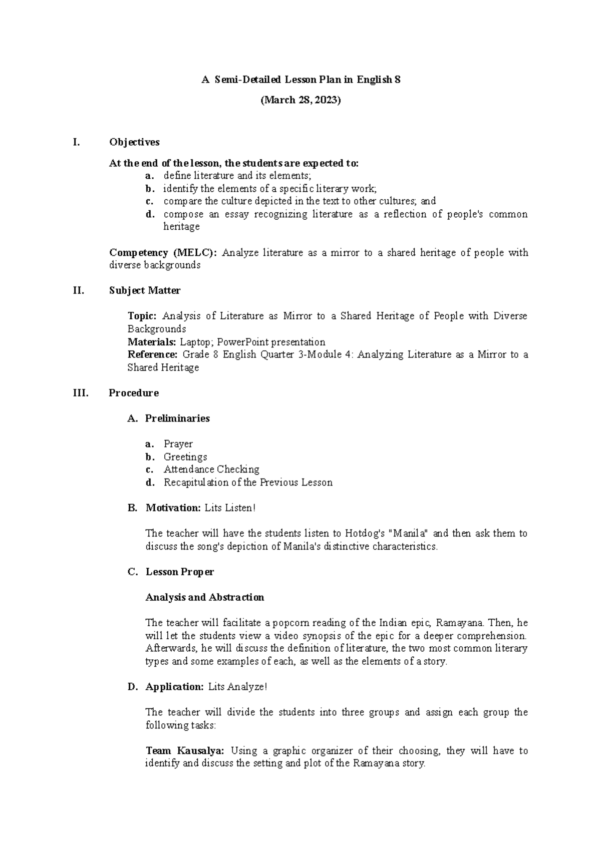 A Semi-Detailed Lesson Plan in English 8 (Literature as a Mirror) - A ...