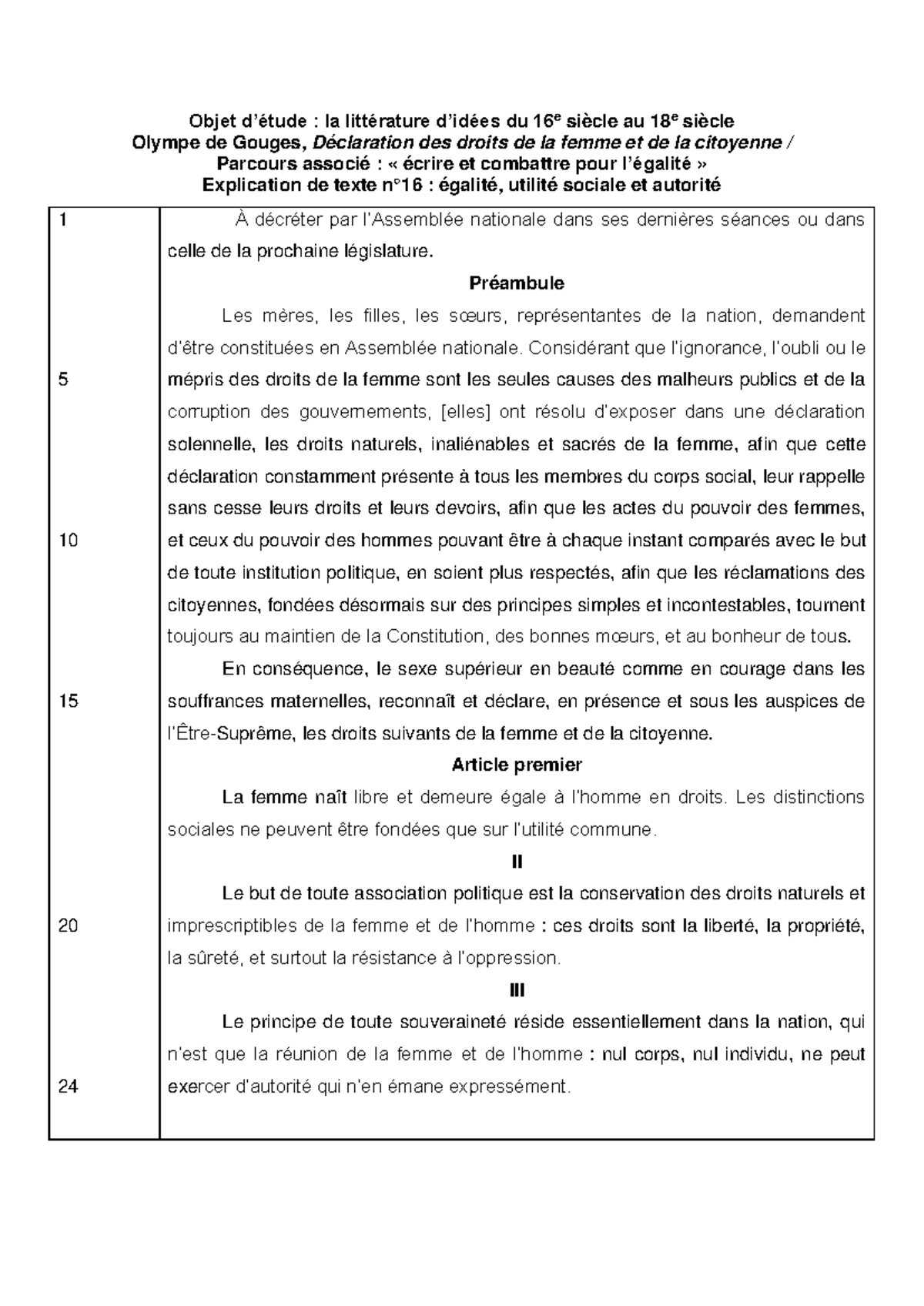 Texte 16 préambule - préambule de la déclaration des droits de la femme et de la citoyenne - Studocu
