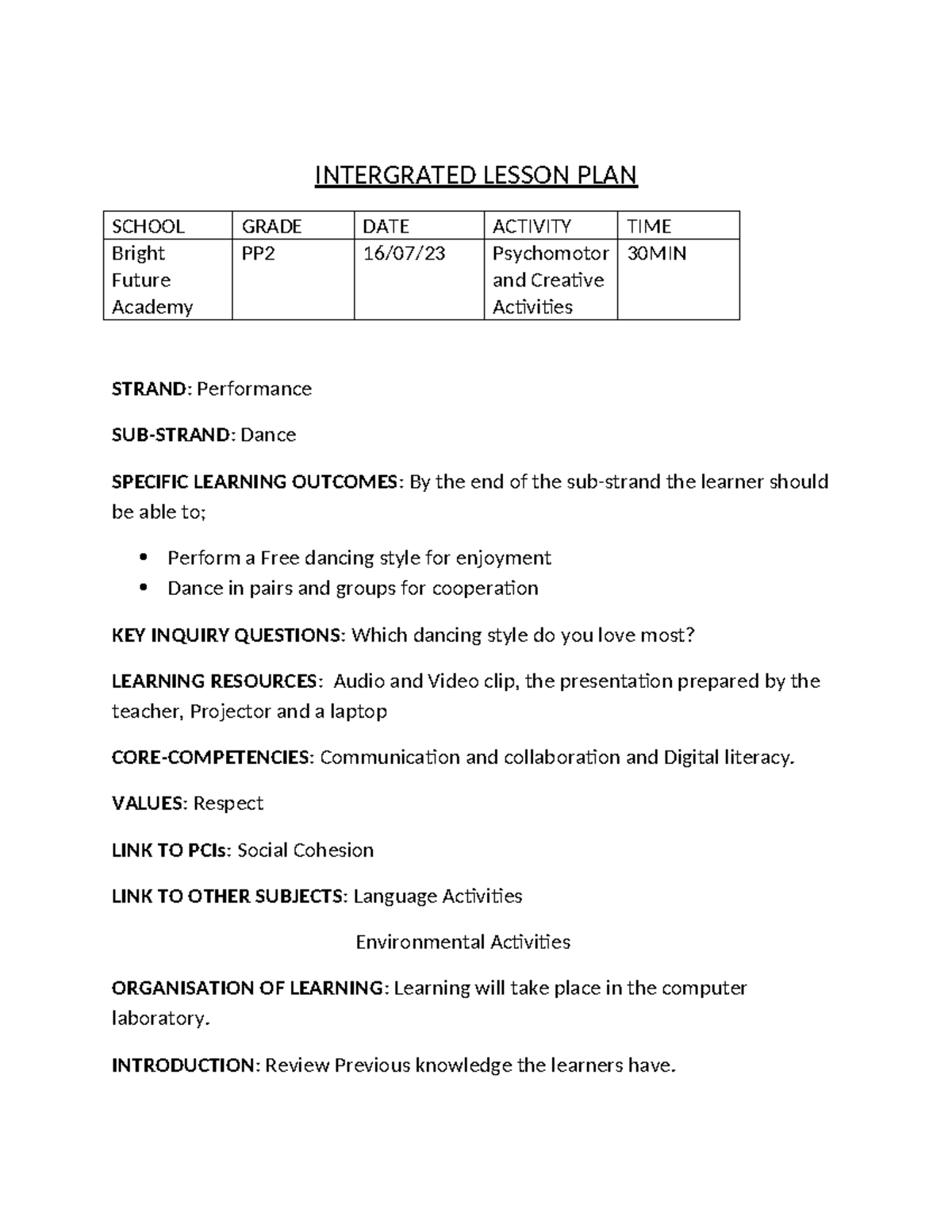 Intergrated Lesson PLAN - INTERGRATED LESSON PLAN SCHOOL GRADE DATE ...