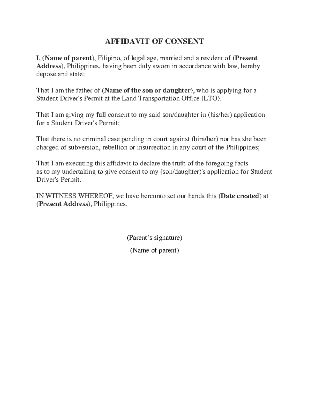 Affidavit of Parental Consent for Student Permit Application - Studocu