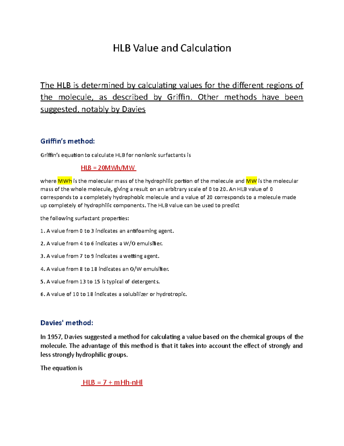 HLB Calculation Techniques for Surfactants: Griffin & Davies Methods ...