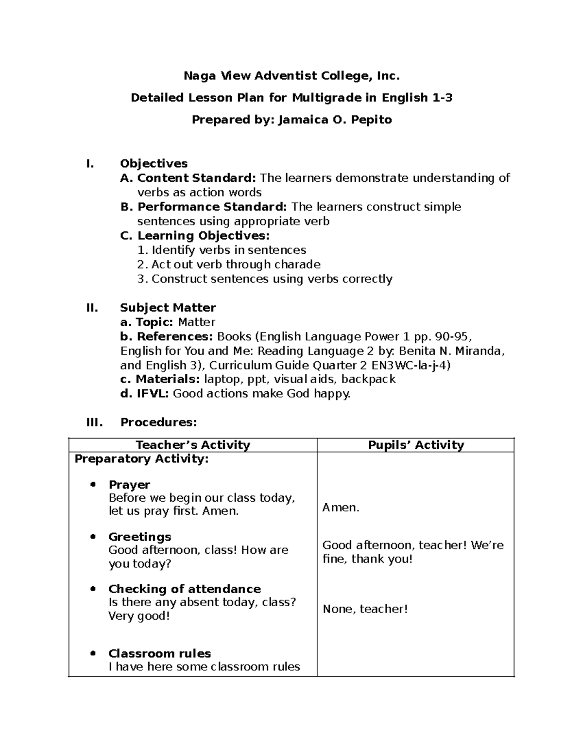 Detailed Lesson Plan for Multigrade English 1: Understanding Verbs ...
