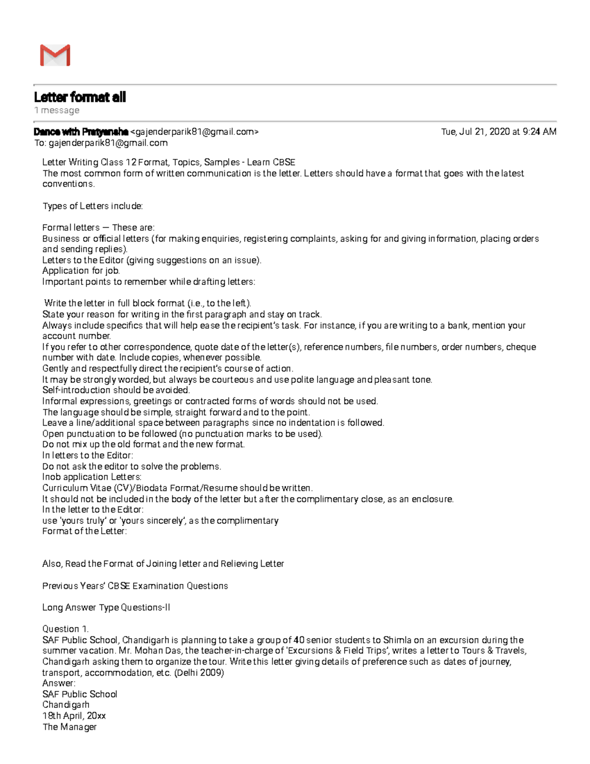 Letter Writing Format: Class XII Guide and Sample Letters - Studocu