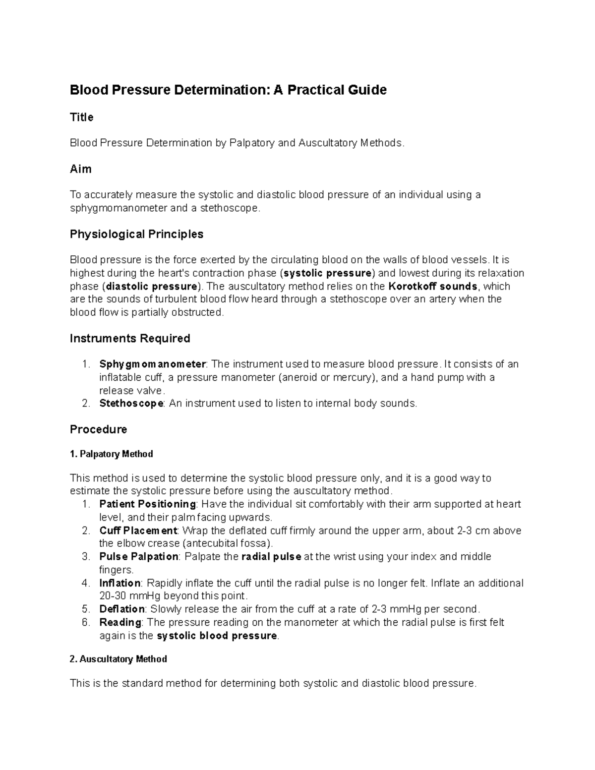 B.P. Measurements in Humans: Practical Guide to Methods - Studocu