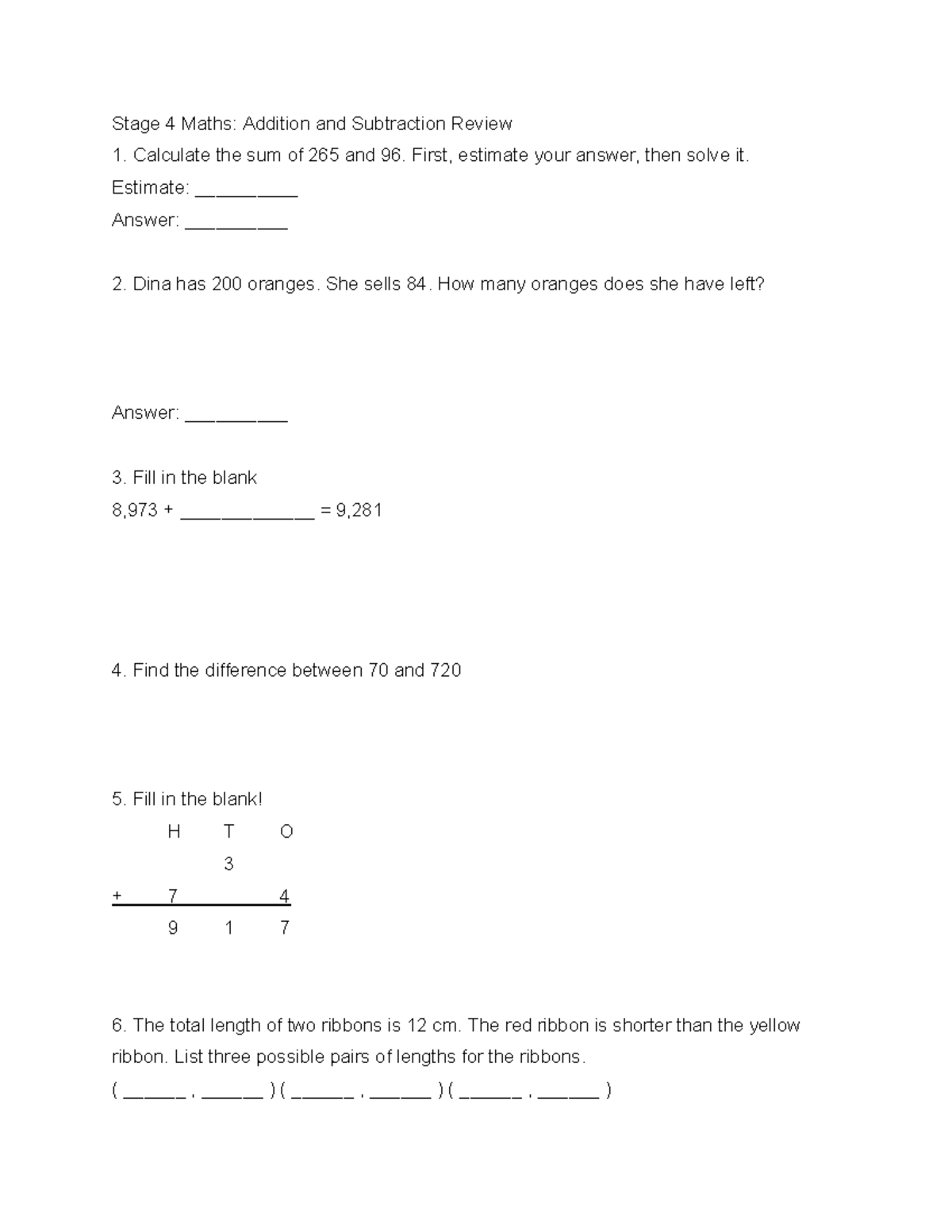 Stage 4 Maths: Addition & Subtraction Review Exercises - Studocu