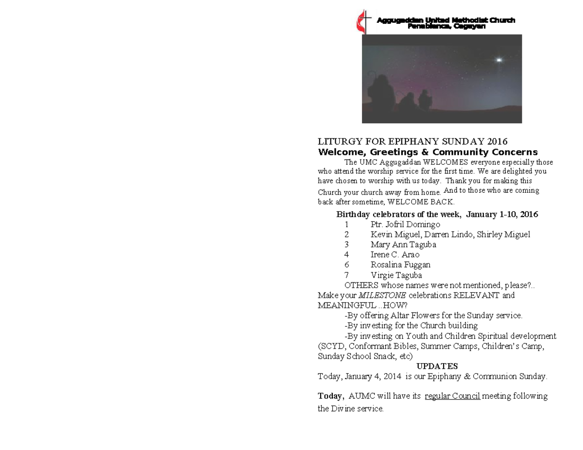Liturgy for Epiphany Sunday 2016 - UMC Aggugaddan - Studocu