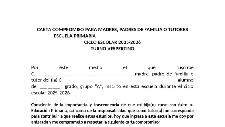 CARTA COMPROMISO PARA TUTORES - ESCUELA PRIMARIA TURNO VESPERTINO - Studocu