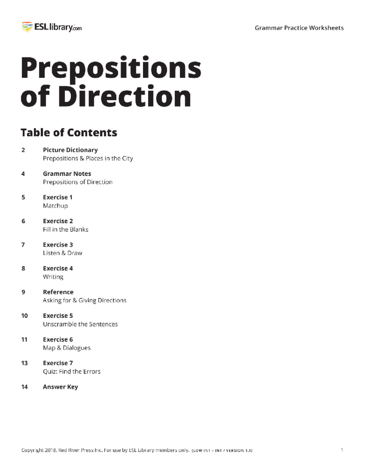 ESL 101: Prepositions of Direction Grammar Practice Worksheets - Studocu
