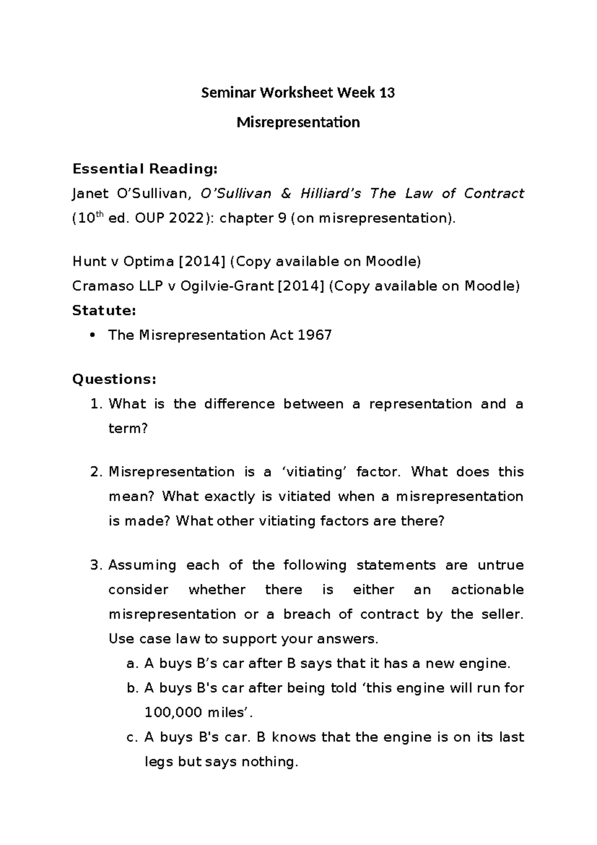 LAWS650 Seminar Worksheet - week 13 - Misrepresentation) - Seminar ...