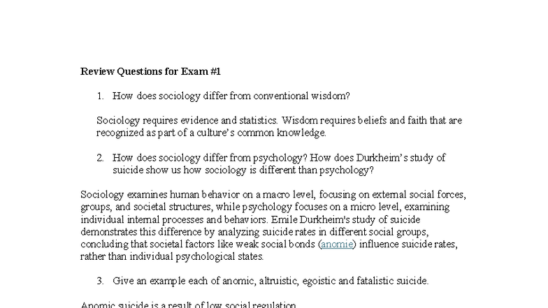 Review Sheet for Intro Sociology Exam 1 - Fall 2025 - Studocu