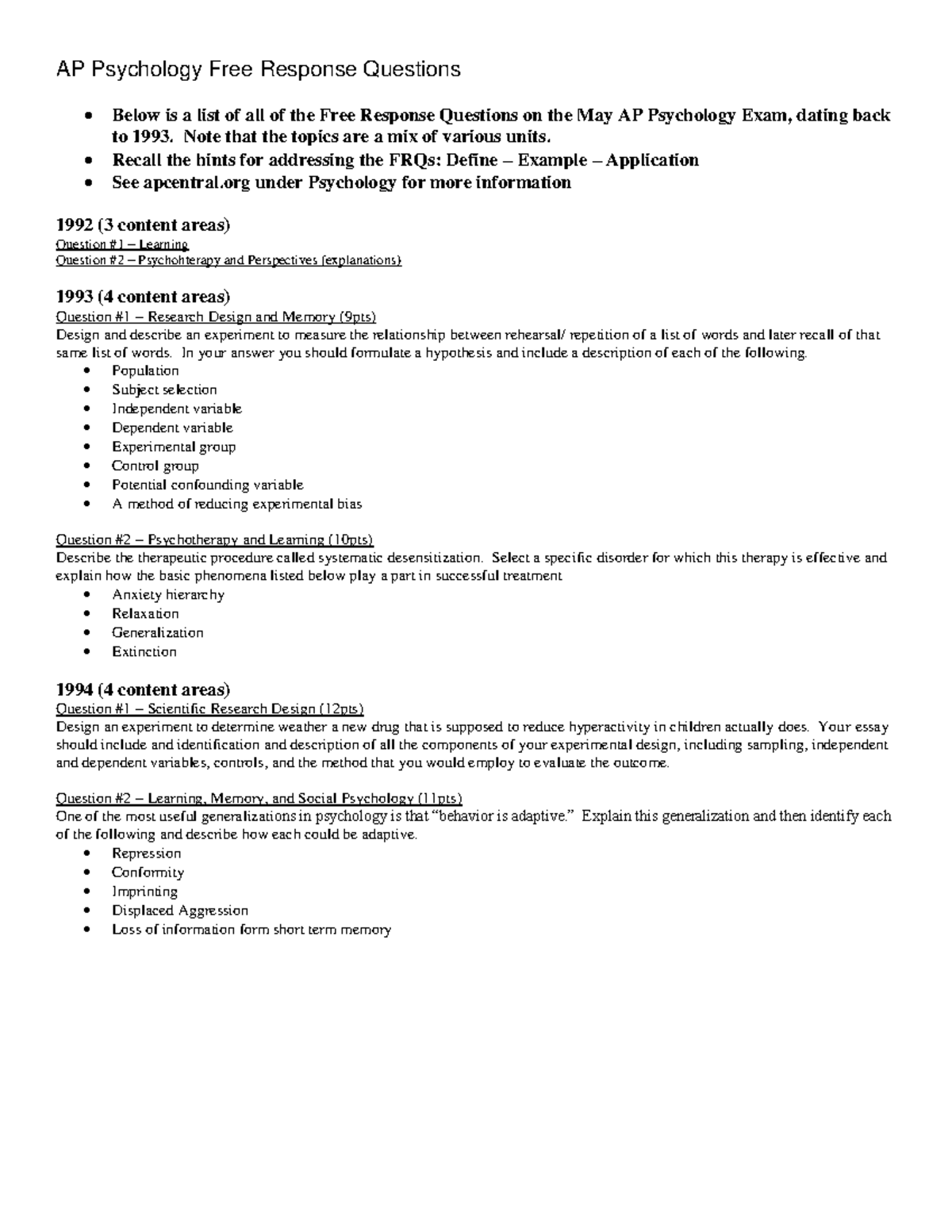 AP Psychology May Exam FRQs - AP Psychology Free Response Questions ...