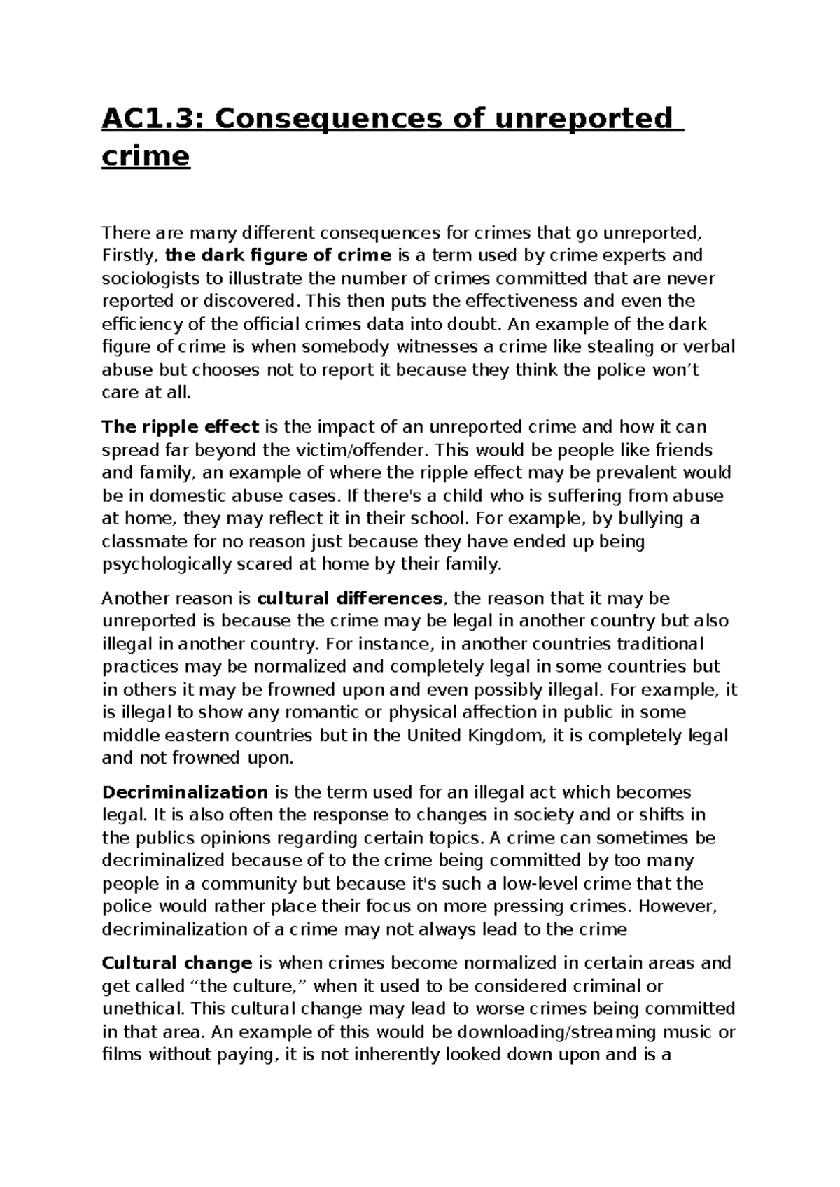 AC1.3: Impact of Unreported Crime and Cultural Perspectives - Studocu