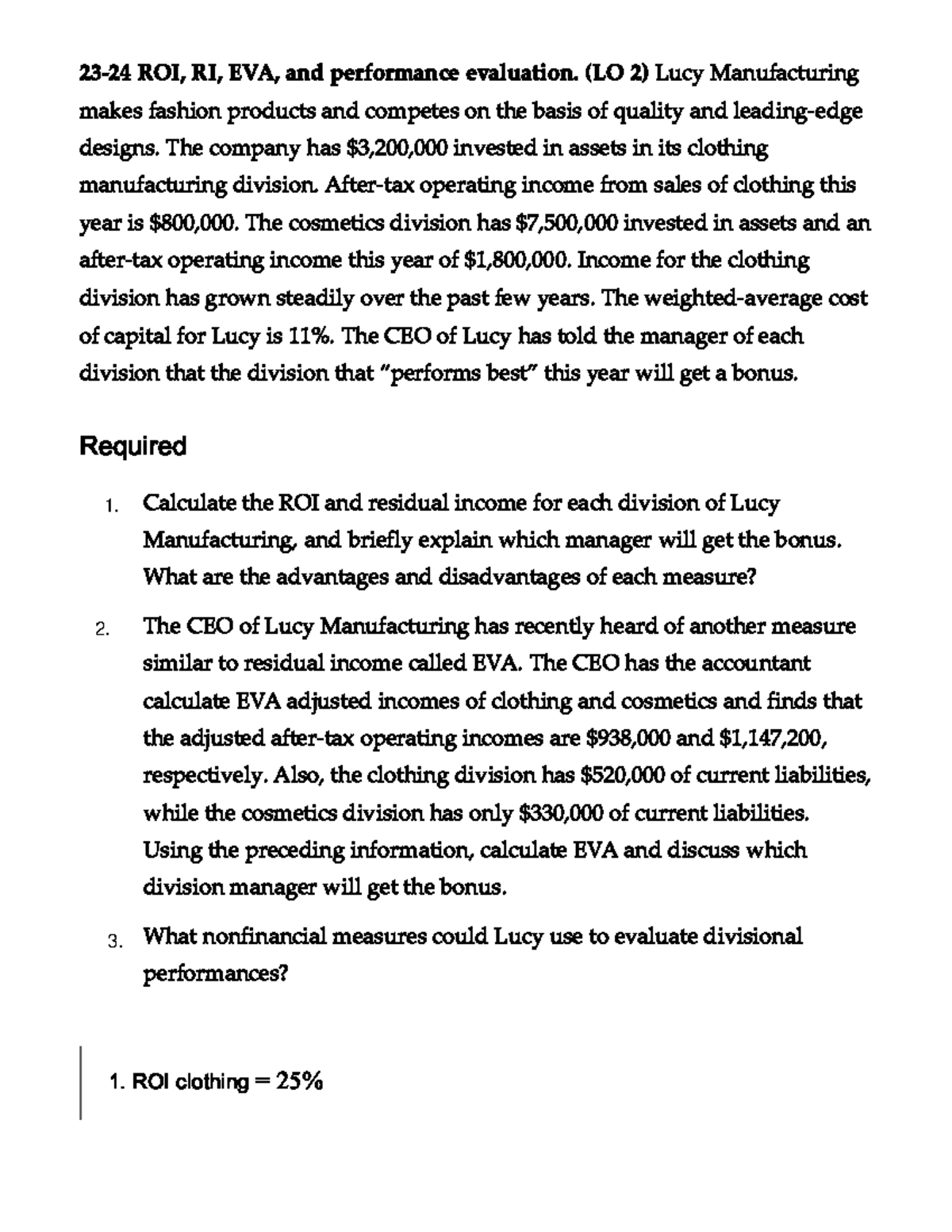 Chapter 23 - Practice Questions on ROI, RI, and EVA (LO 2) - Studocu