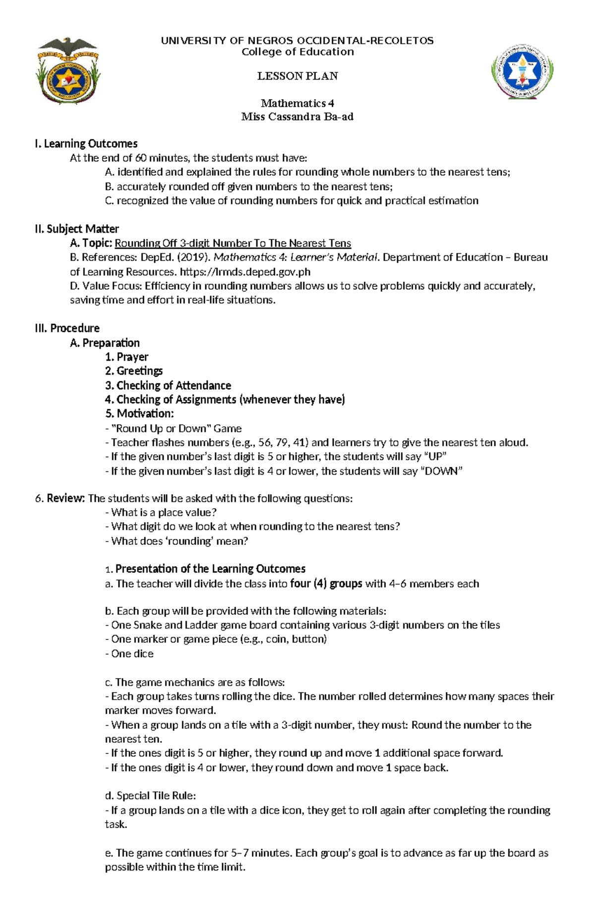 BAAD Demo Lesson Plan: Rounding Off Numbers in Math 4 (Emath 230) - Studocu