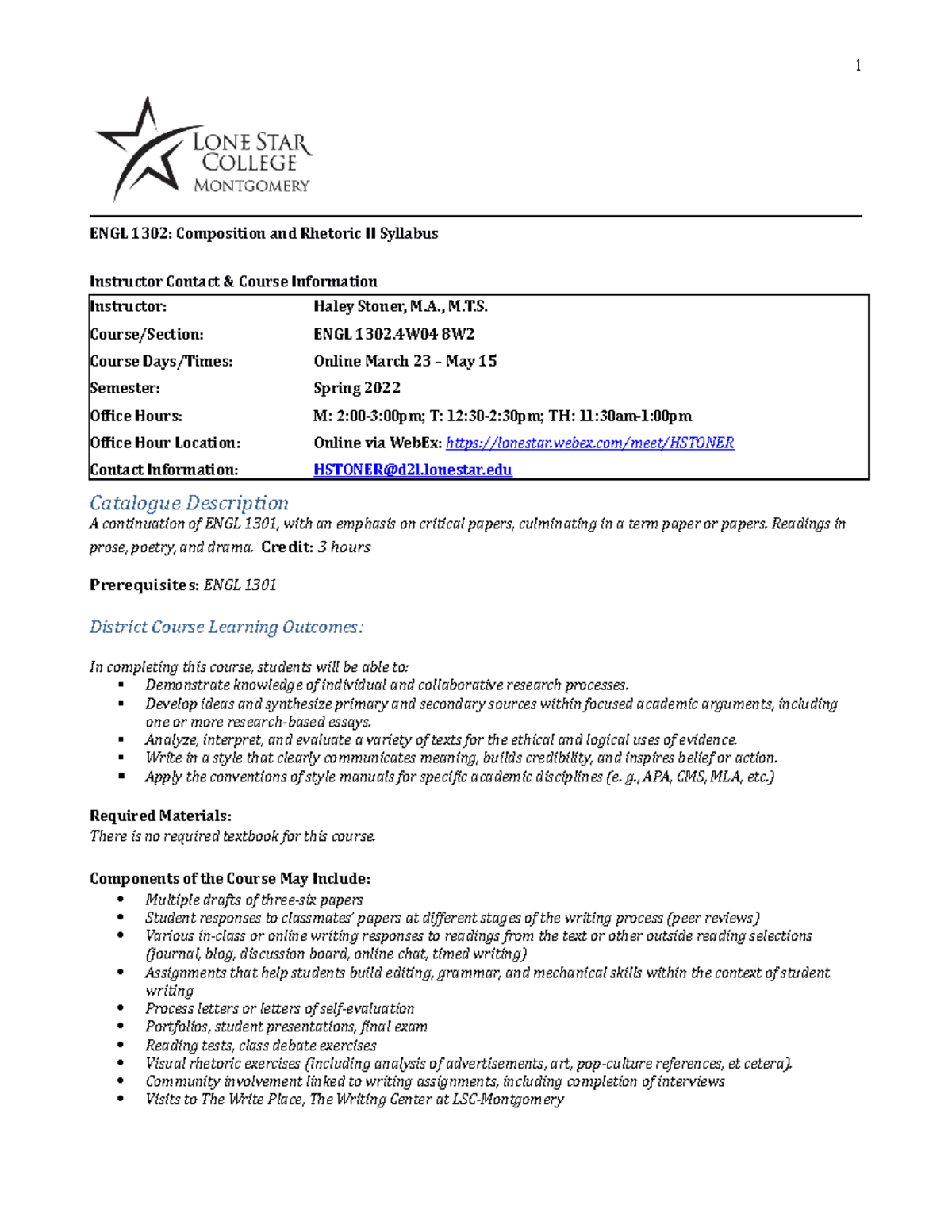 ENGL 1302 - Spring 2022 Composition and Rhetoric II Syllabus - Studocu