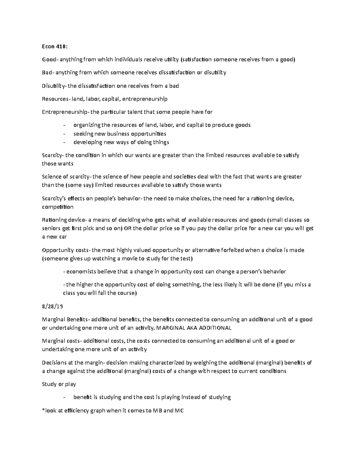 ECON 410 - Key Concepts and Terms Summary for Class Notes - Studocu