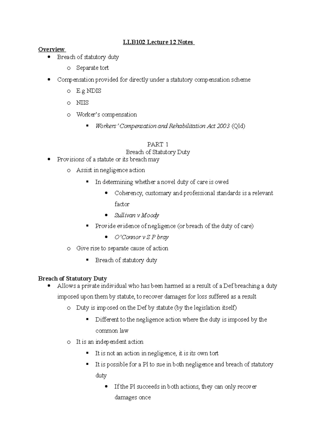 LLB102 Lecture 12: Breach of Statutory Duty Overview and Key Concepts ...