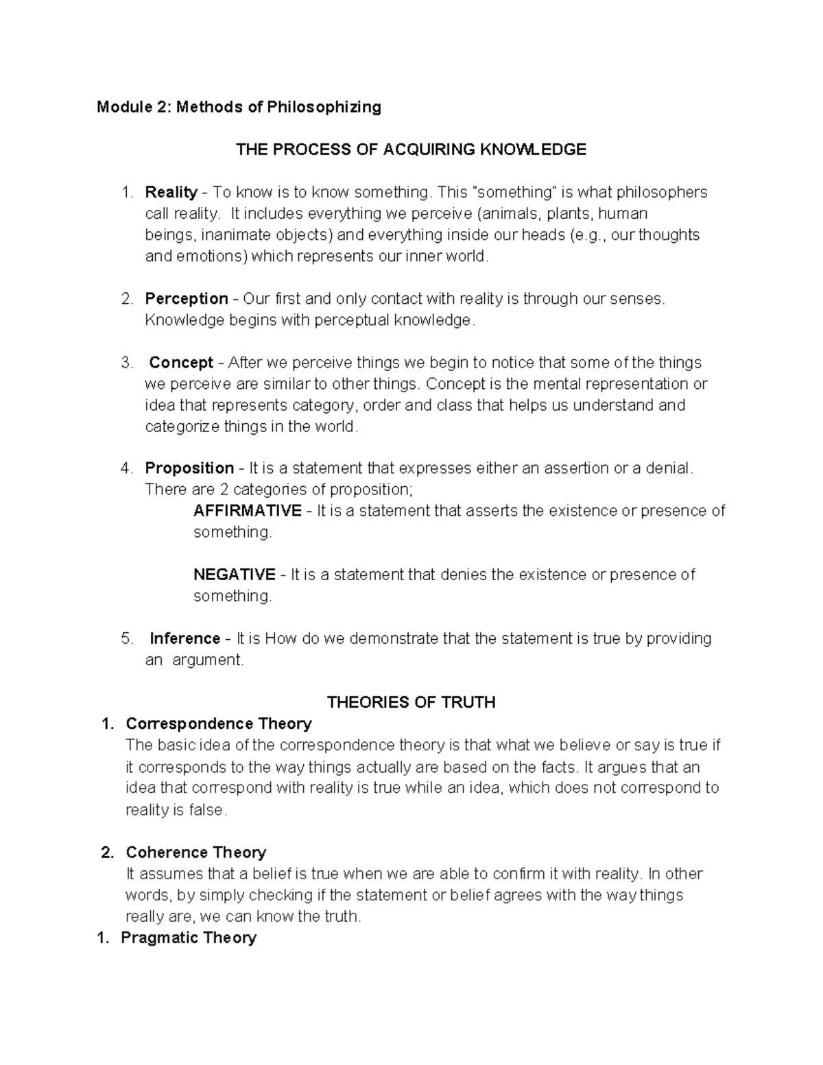 Module 2 Reviewer: Philosophizing Methods & Theories of Truth - Studocu