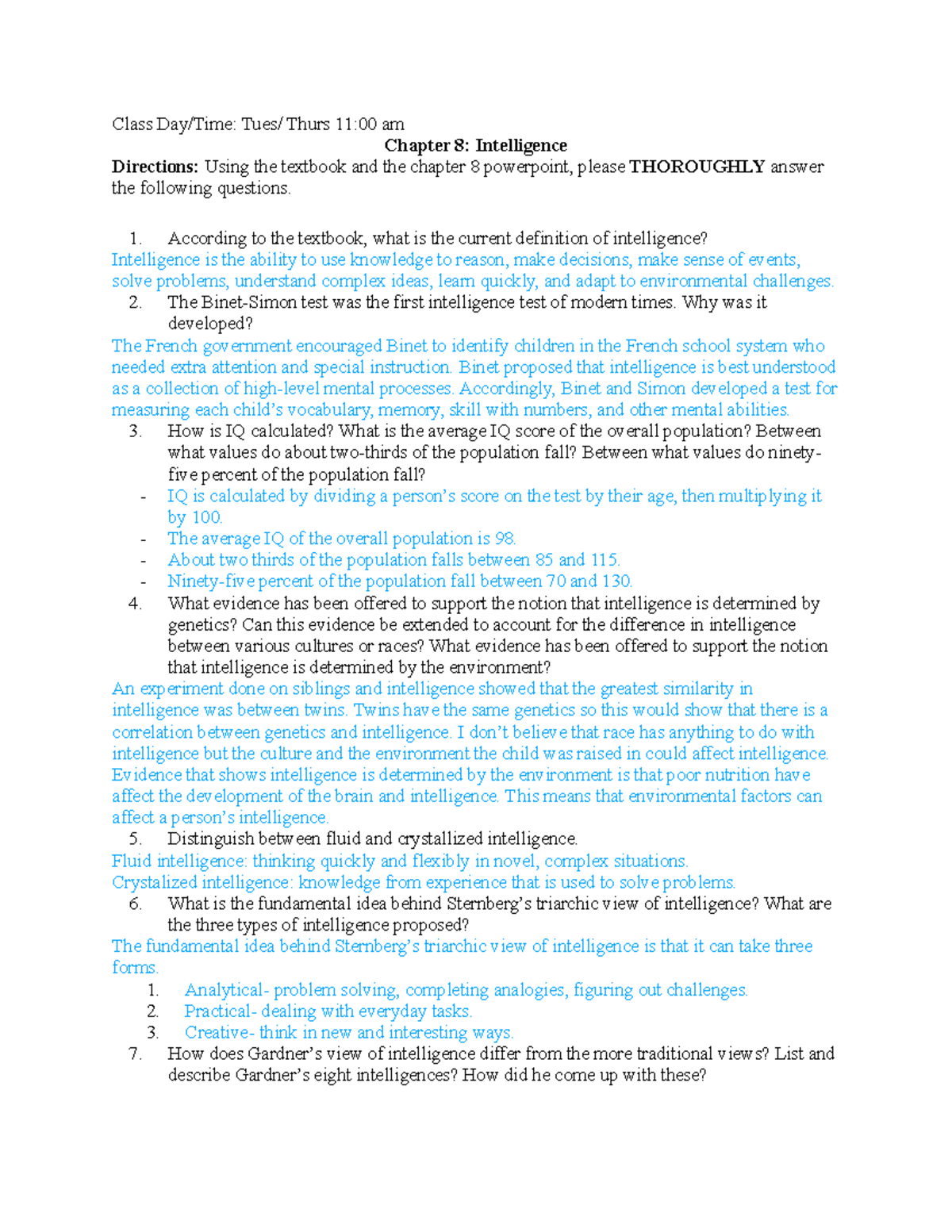 Psychology 101: Intelligence Chapter 8 Worksheet and Analysis - Studocu