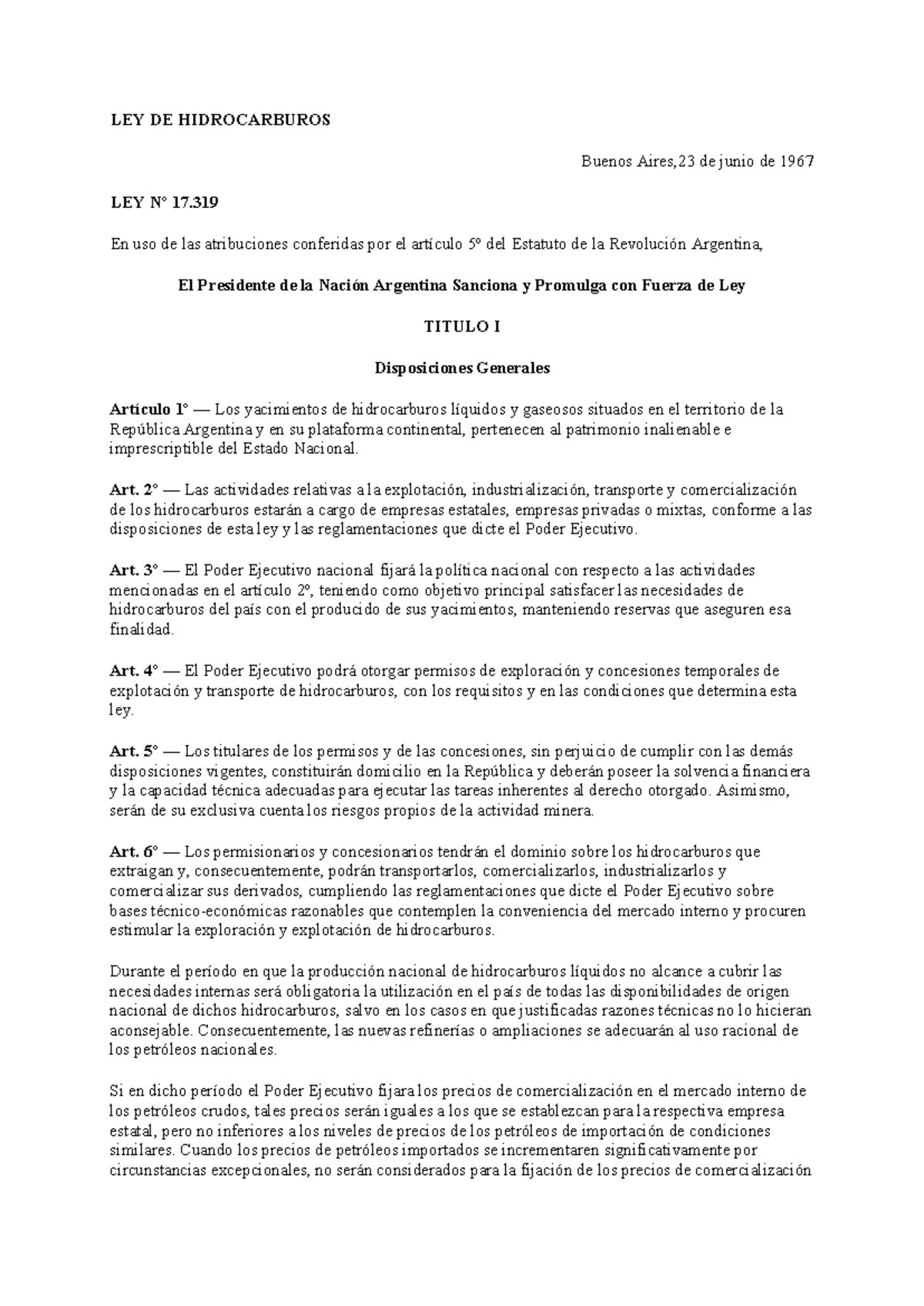 Ley 17.319 hidrocarburos - LEY DE HIDROCARBUROS Buenos Aires,23 de ...