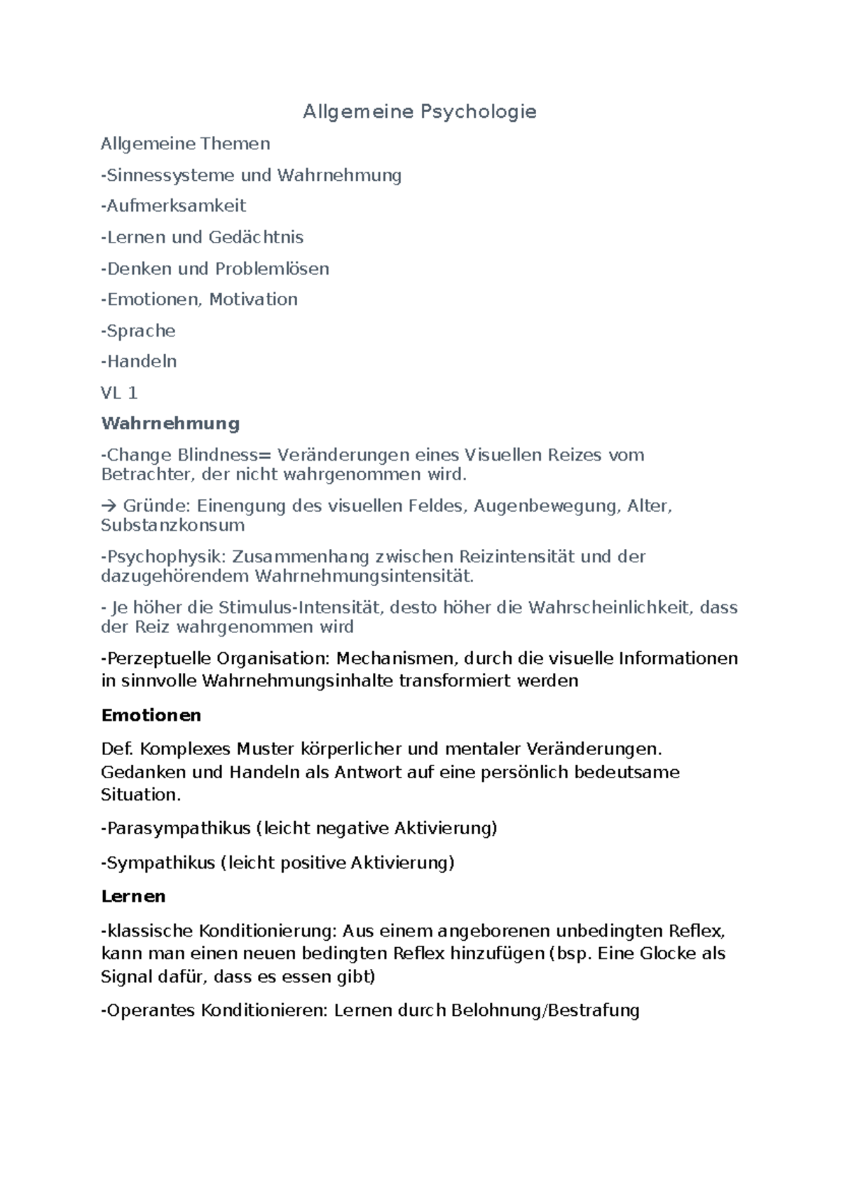 Allgemeine Psychologie VL: Wahrnehmung, Gedächtnis & Emotionen Lernzettel - Studocu