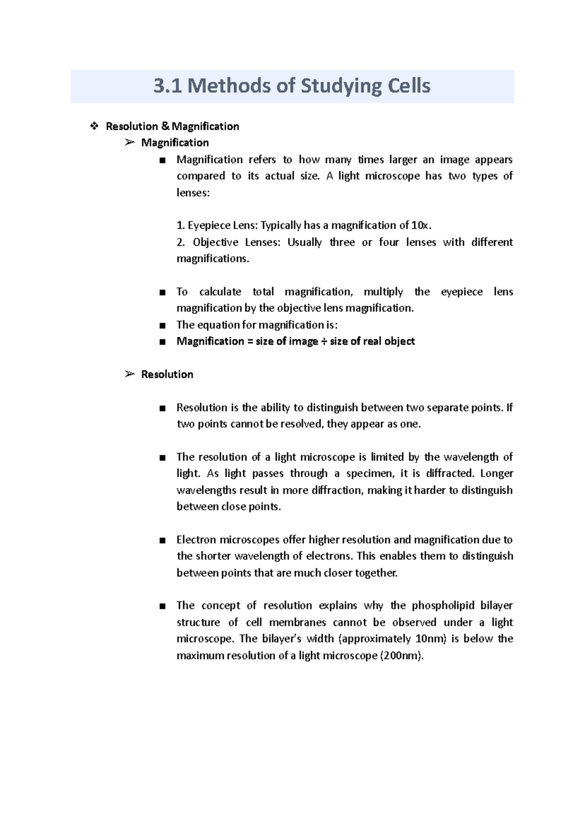 3.1 Methods of Studying Cells - 3 Methods of Studying Cells Resolution ...