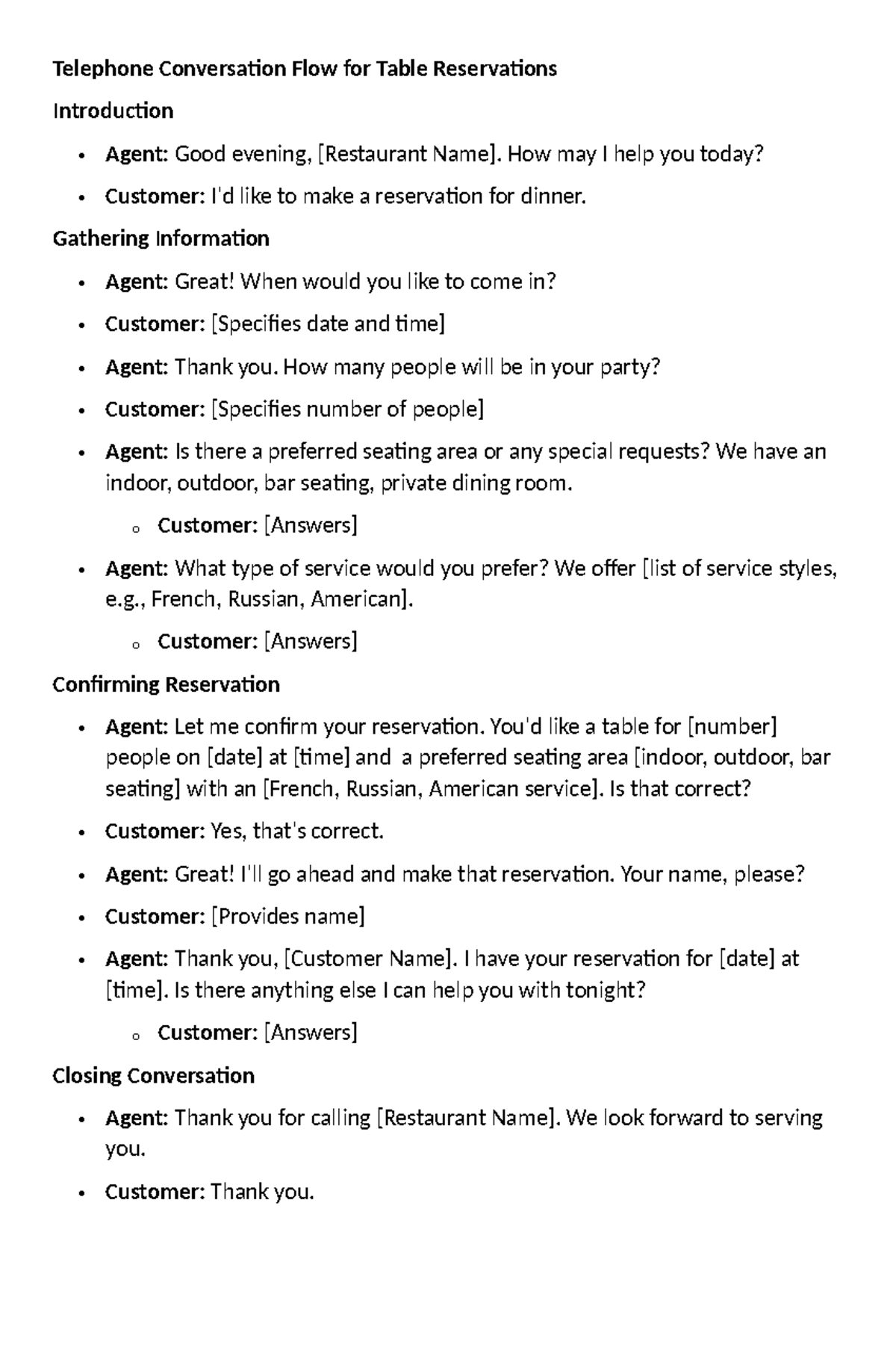 Telephone Conversation Flow: Making Table Reservations Guide - Studocu