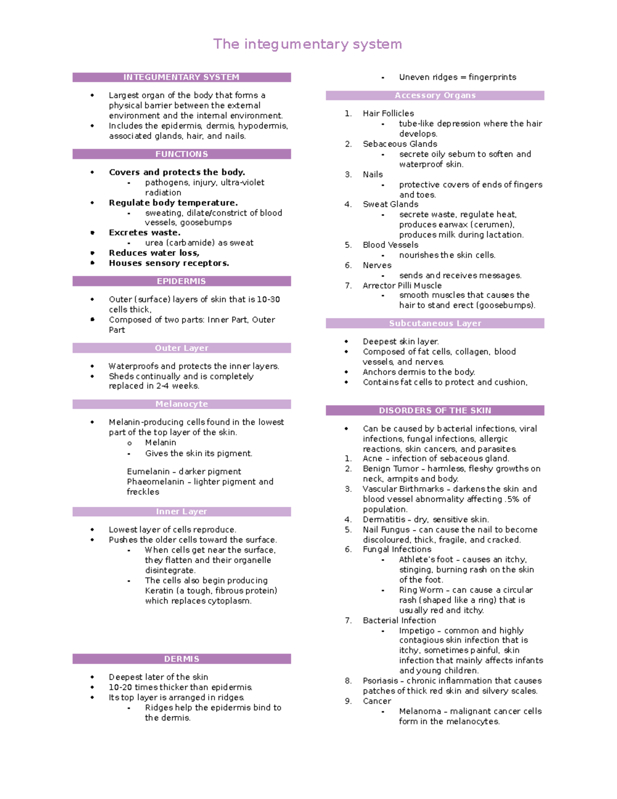 Integumentary System Overview: Structure, Function & Disorders - Studocu