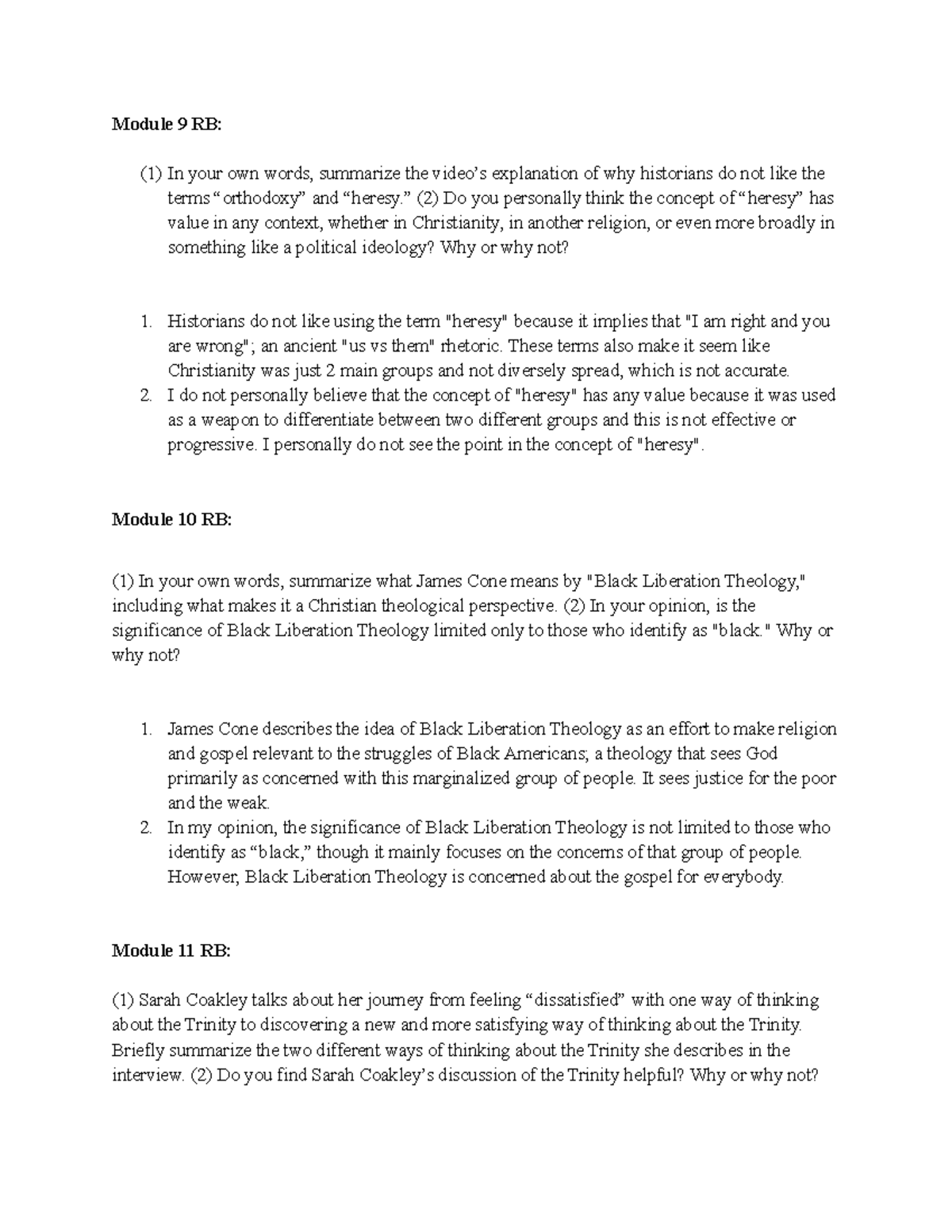 THEO Response Blogs II - Module 9 RB: (1) In your own words, summarize ...