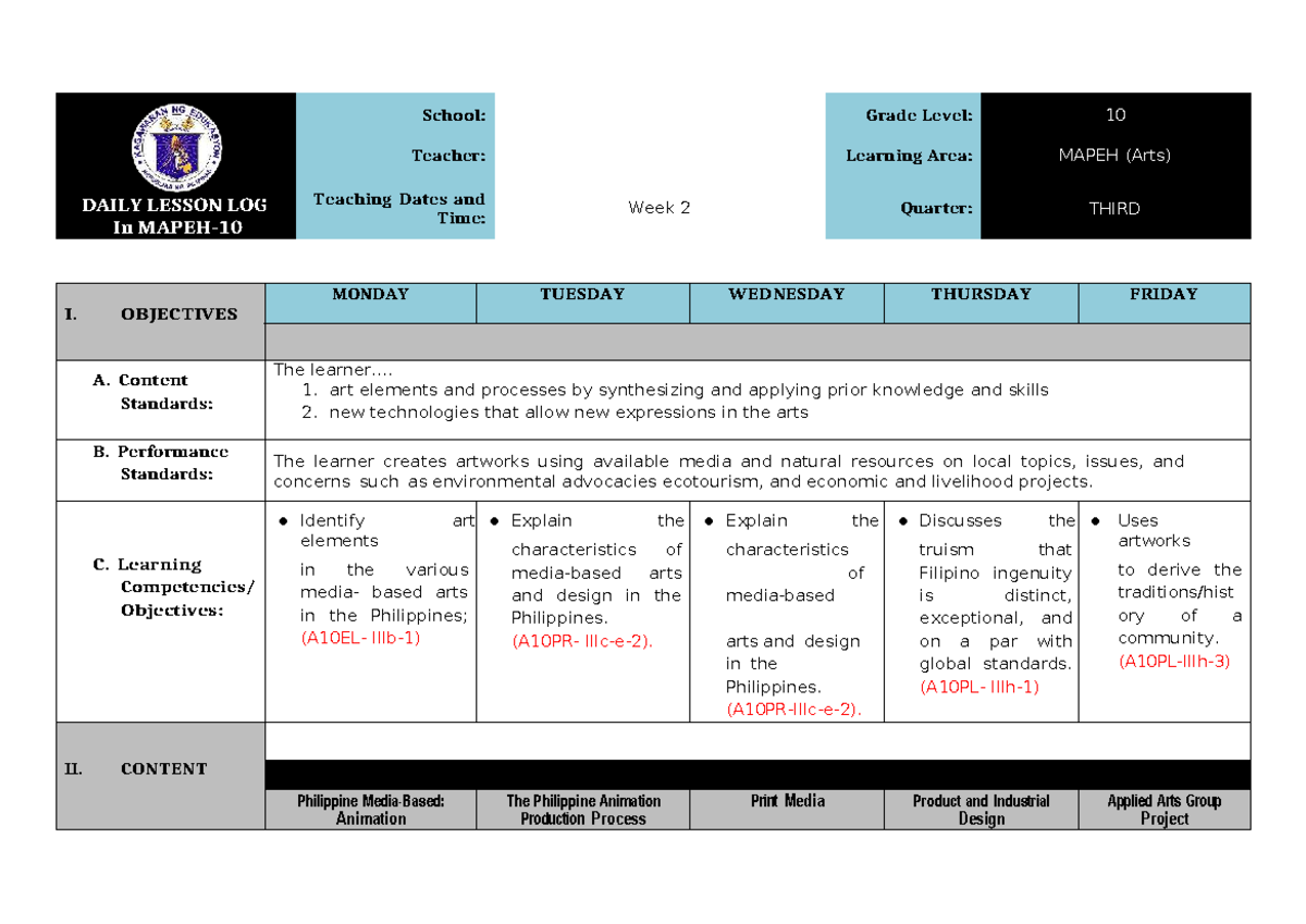 DAILY LESSON LOG: MAPEH 10 - Week 2 Overview and Activities - Studocu