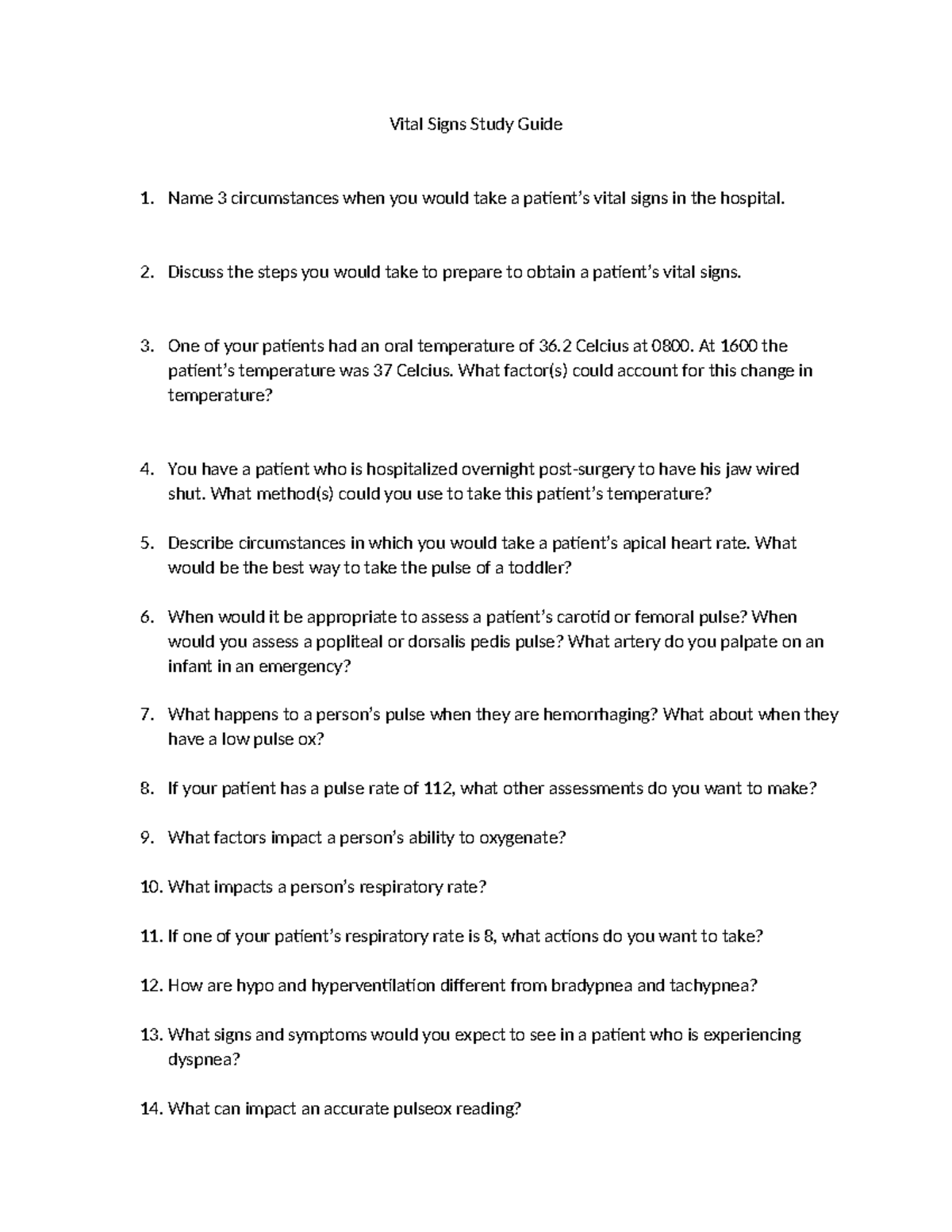 Vital Signs Study Guide: Key Concepts and Assessment Techniques - Studocu