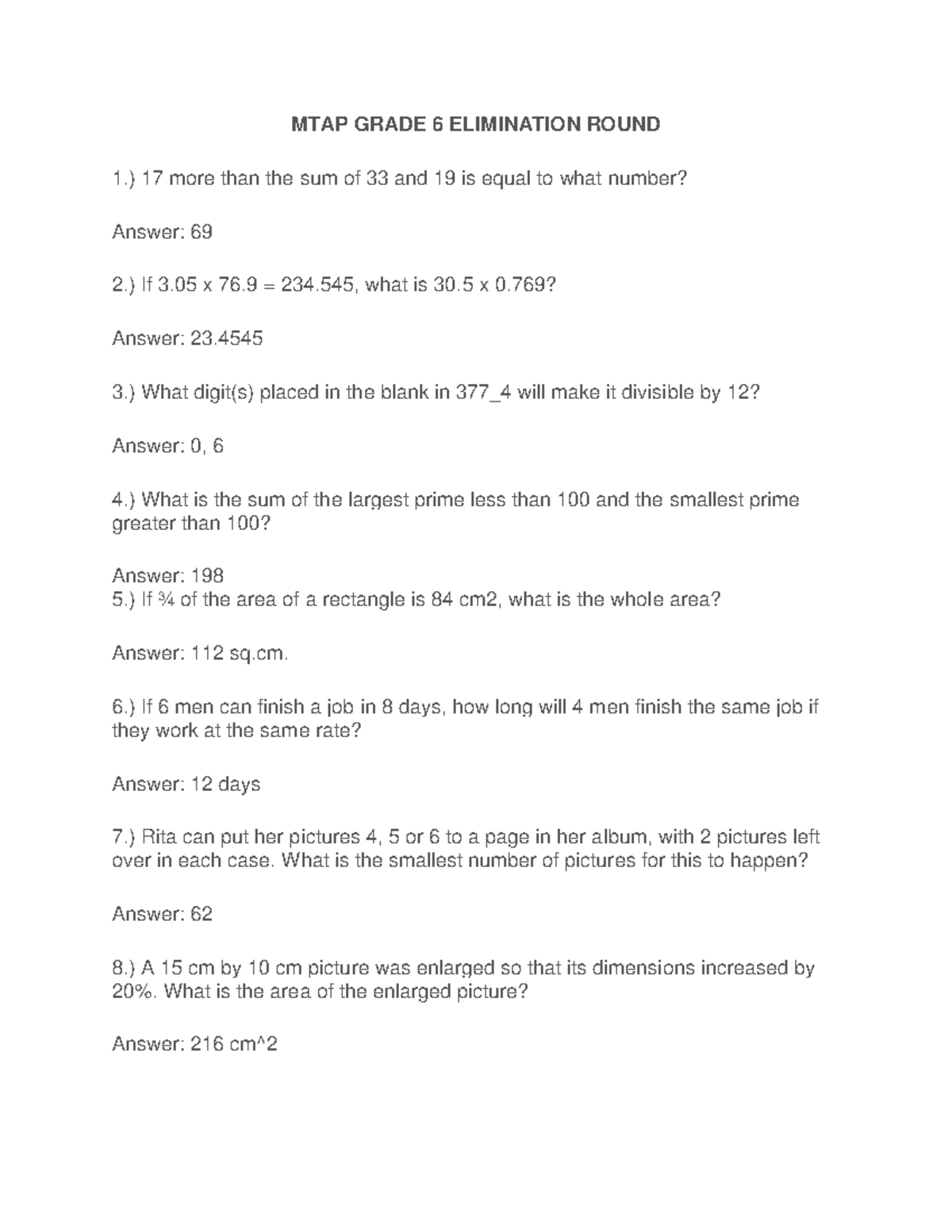 MTAP GRADE 6 ELIMINATION ROUND: Math Problems & Solutions - Studocu