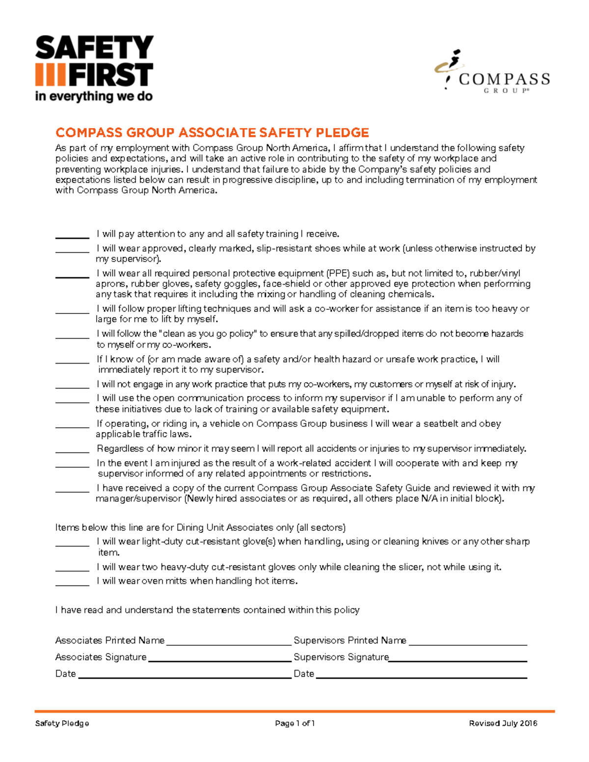 COMPASS GROUP Associate Safety Pledge - Revised July 2016 - Studocu
