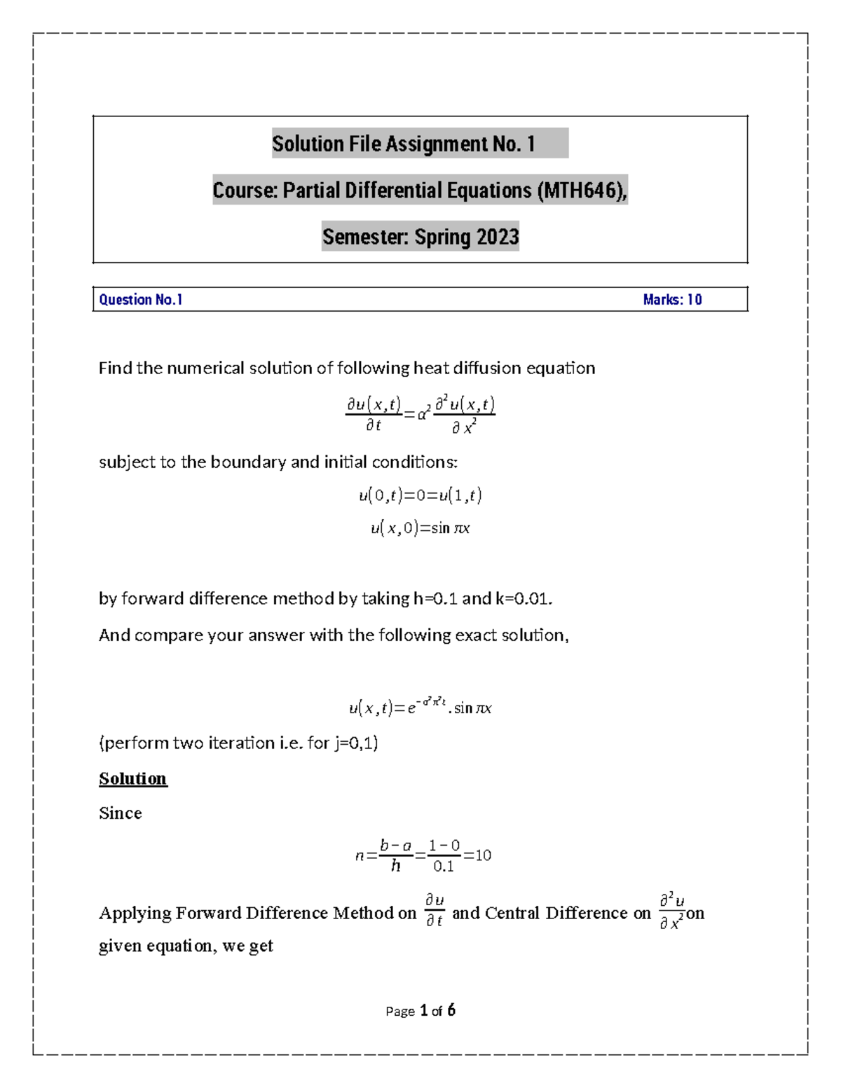 Spring 2023 MTH646 Assignment 1: Numerical Solution of Heat Diffusion ...
