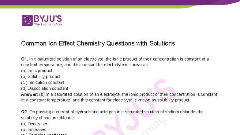 Common Ion Effect Chemistry Questions & Solutions (Q1-Q15) - Studocu