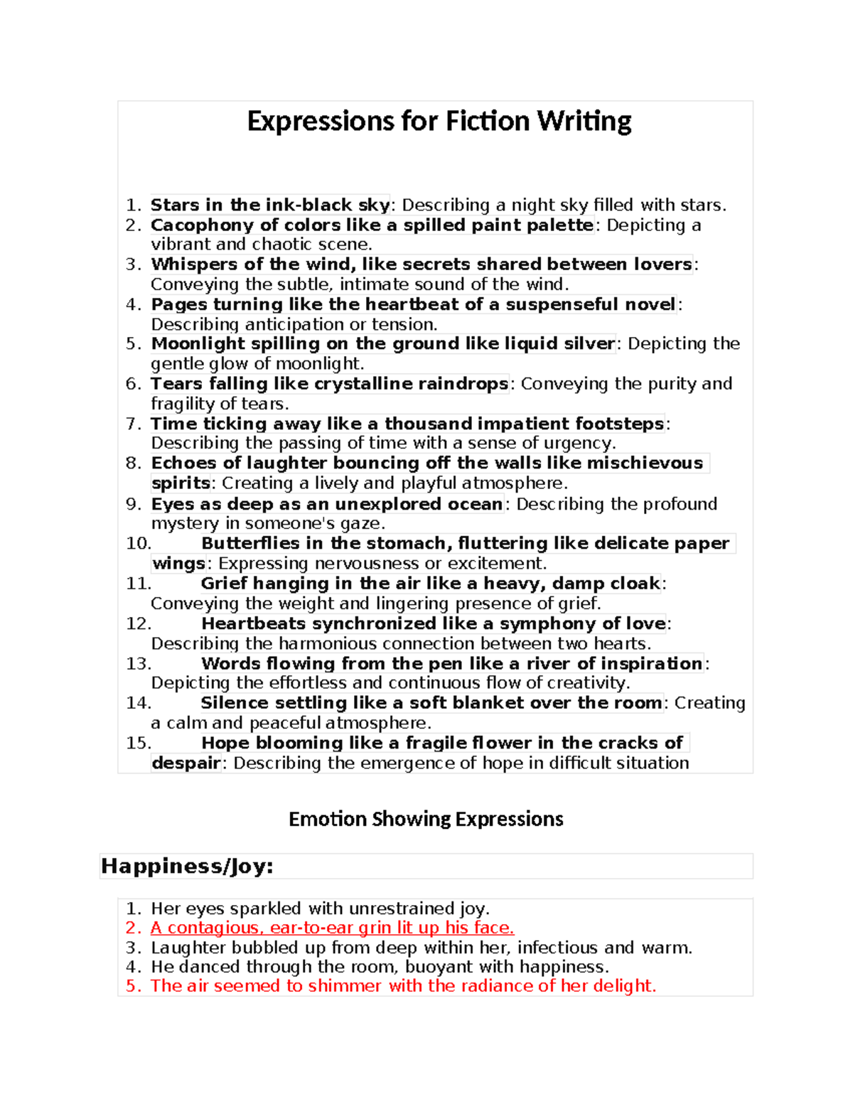 Expressions for Fiction Writing: Creative Techniques and Imagery - Studocu