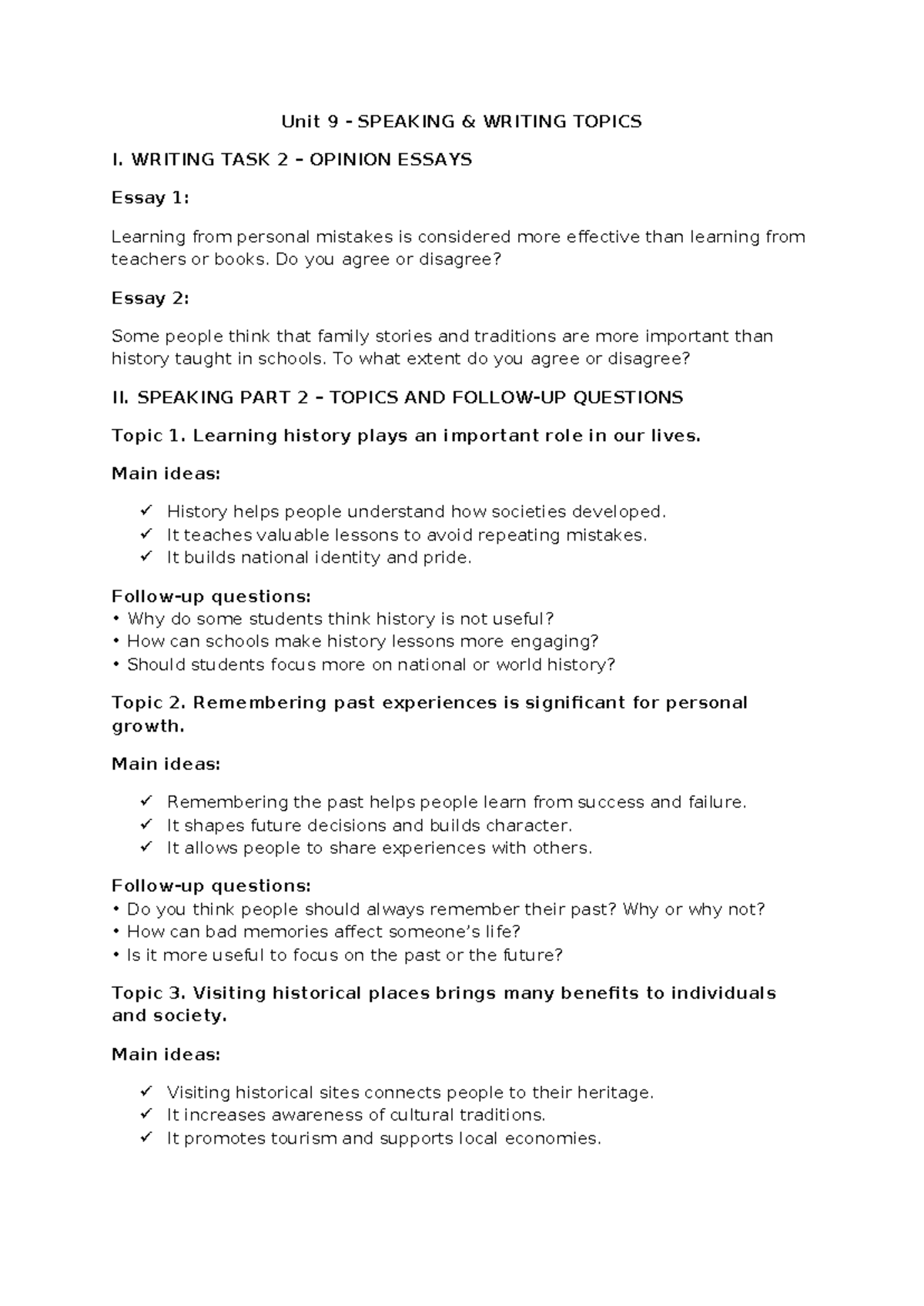 Unit 9 - Speaking & Writing Topics: Opinion Essays & Questions - Studocu