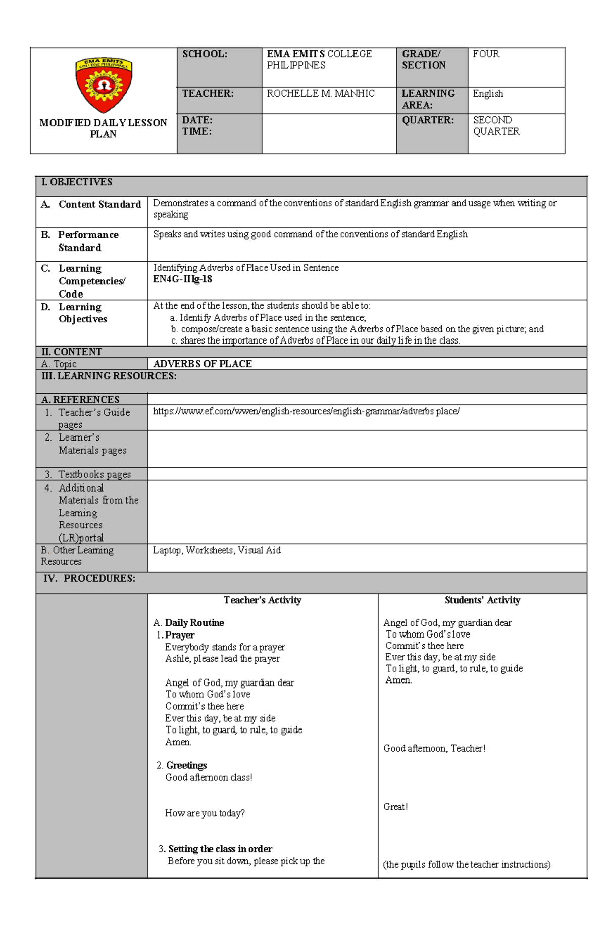 LP ENGLISH 4 - Lesson Plan on Adverbs of Place for Second Quarter - Studocu