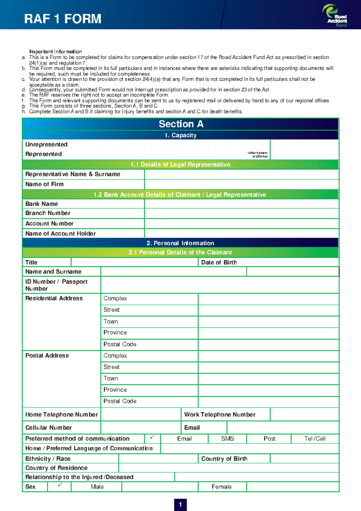 RAF 1 Form: Essential Guidelines for Compensation Claims - Studocu
