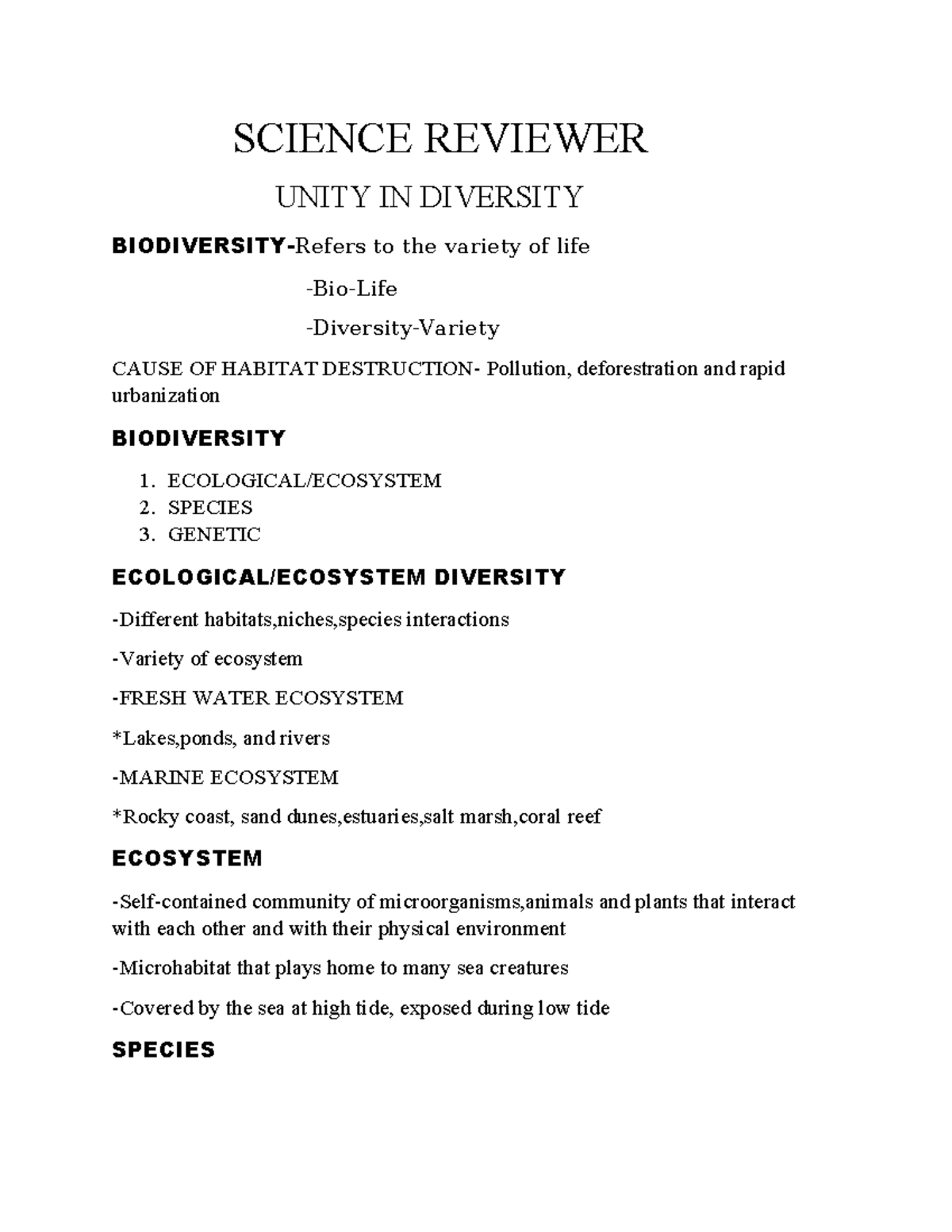 Science- Reviewer - Biology - SCIENCE REVIEWER UNITY IN DIVERSITY ...