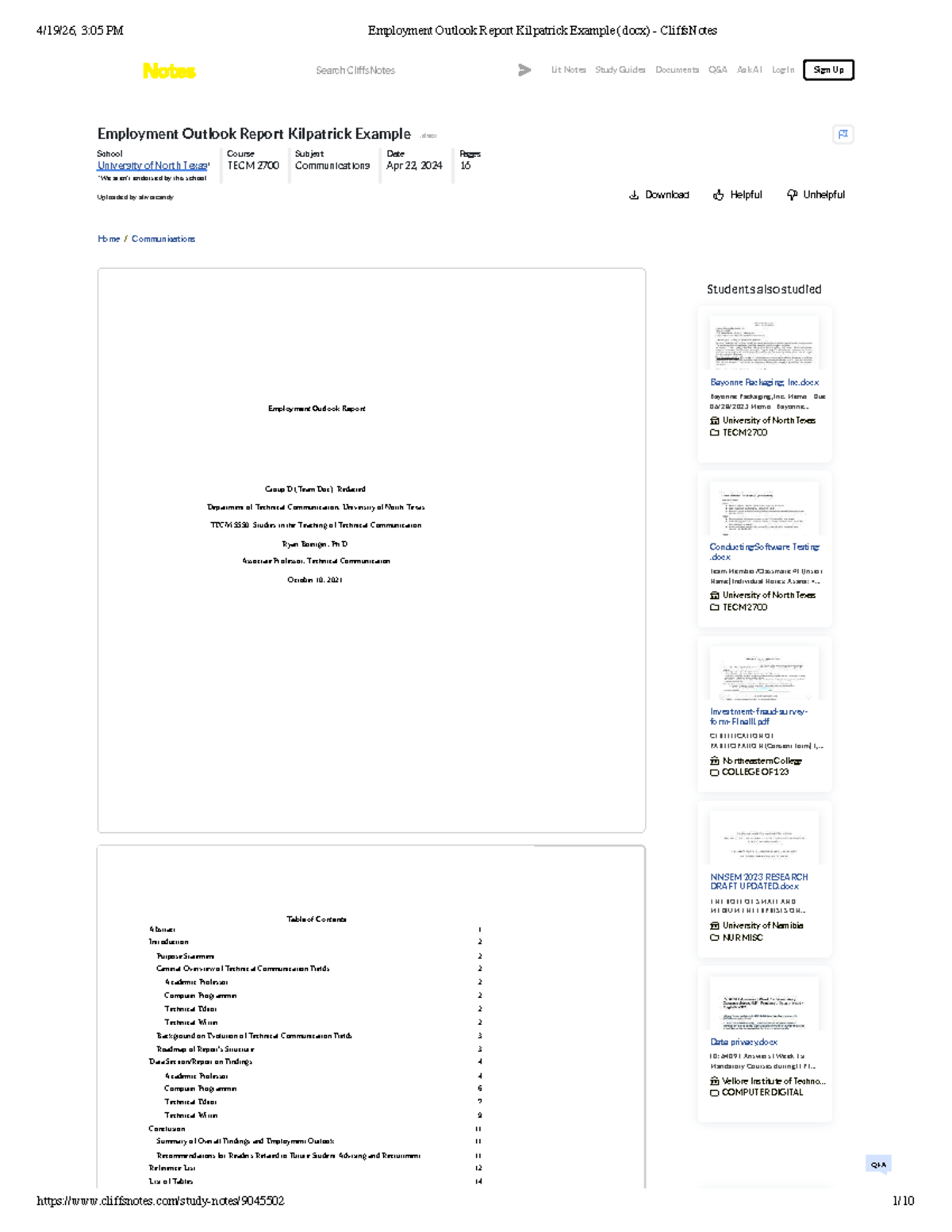 TECM 2700 Employment Outlook Report: Kilpatrick Example Analysis - Studocu