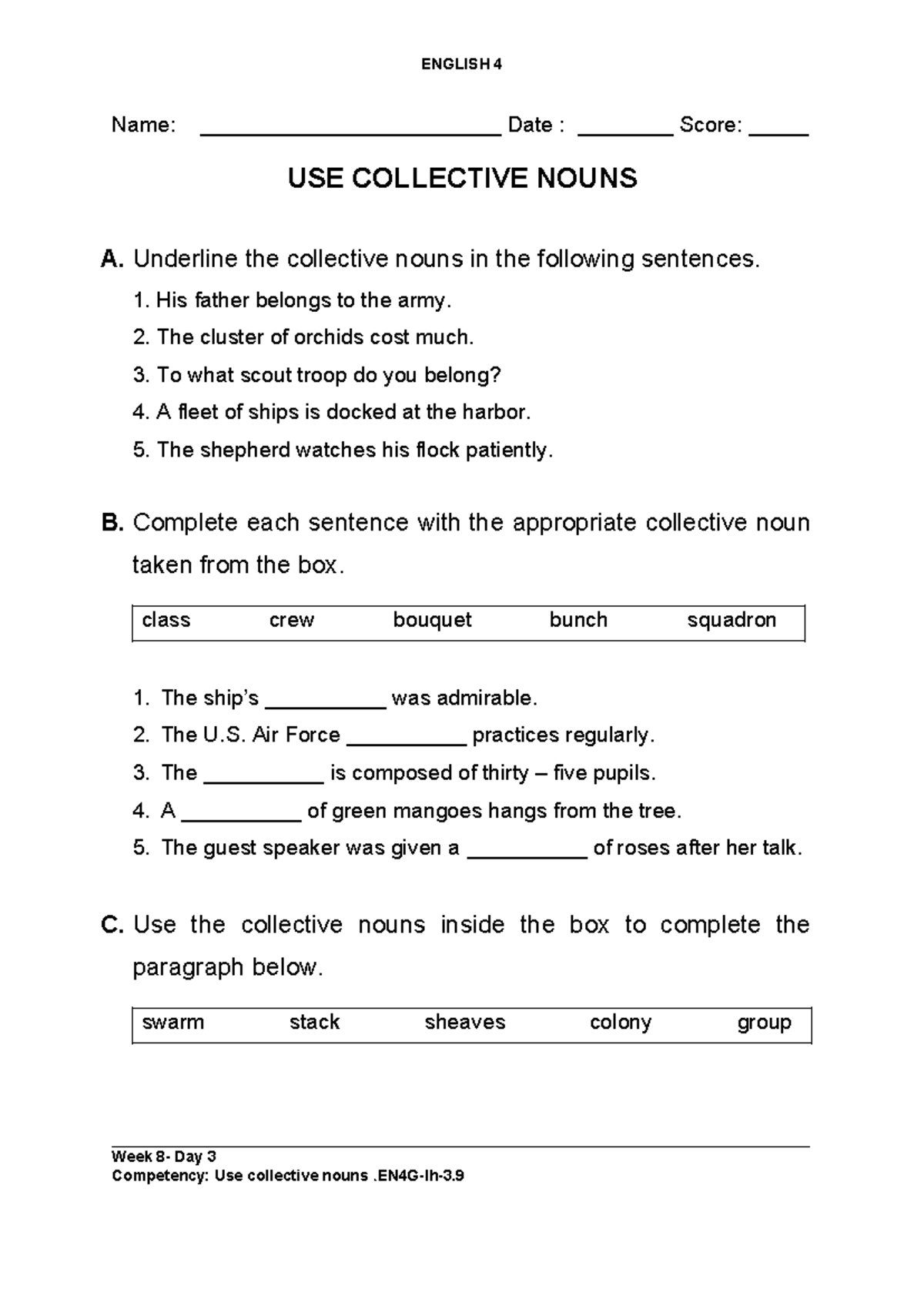 Use of Collective Nouns - Activity Sheet (EN4G-Ih-3) - Studocu