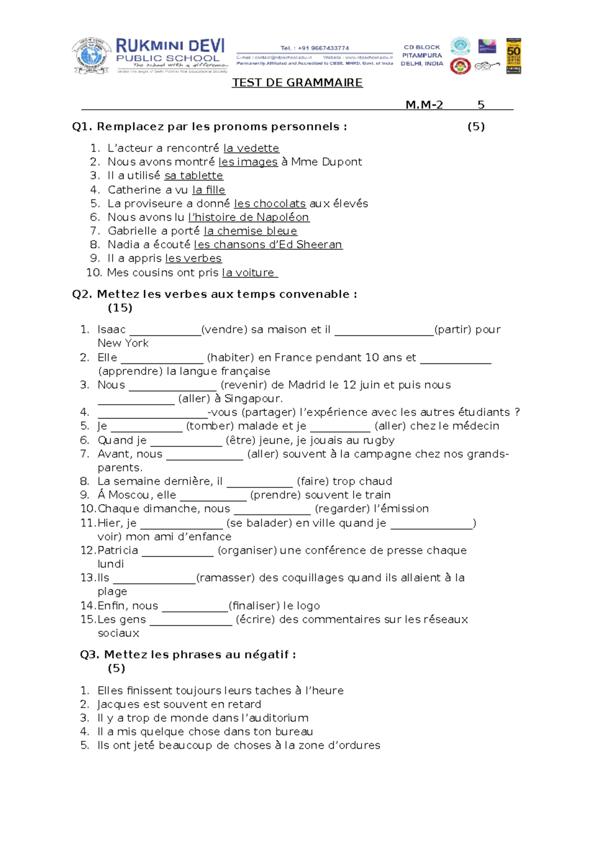 TEST DE GRAMMAIRE 6 - Allez-y 3 - Worksheet 1 - Studocu